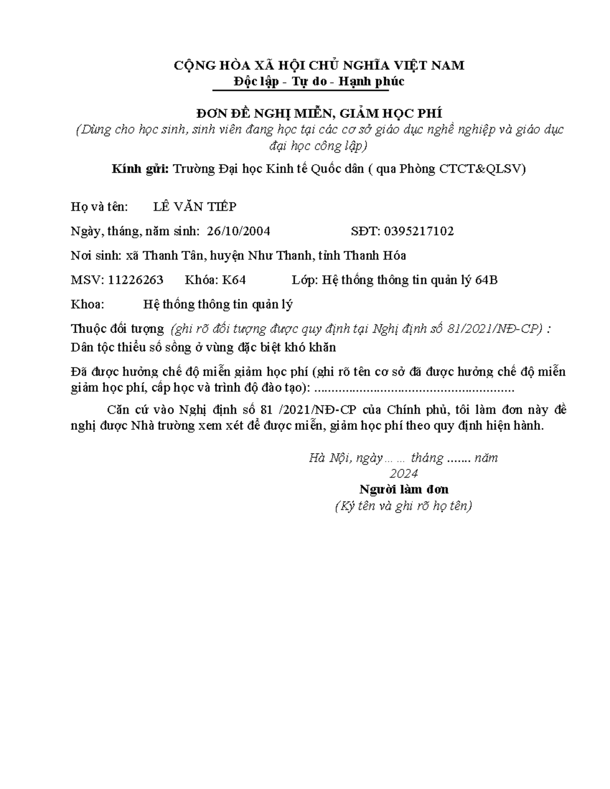 Mẫu đơn - Miễn giảm học phí 2024 - CỘNG HÒA XÃ HỘI CHỦ NGHĨA VIỆT NAM ...
