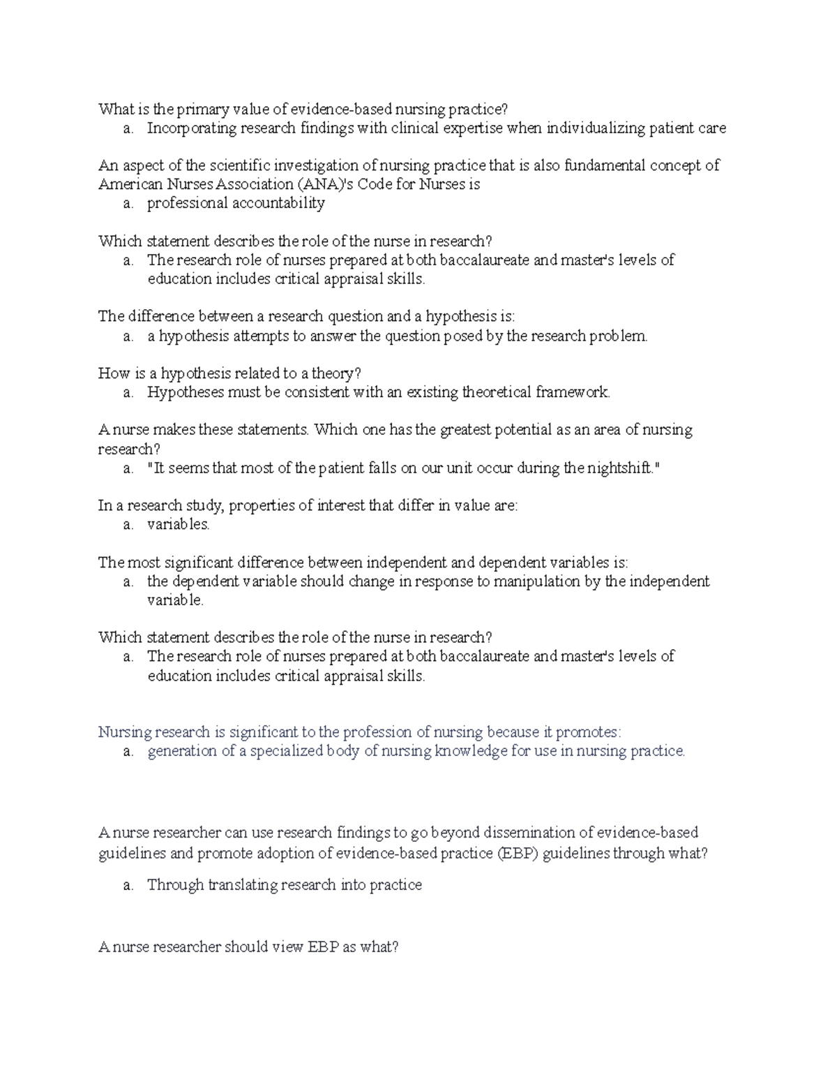 NURC 322 Research exam 1 - What is the primary value of evidence-based ...