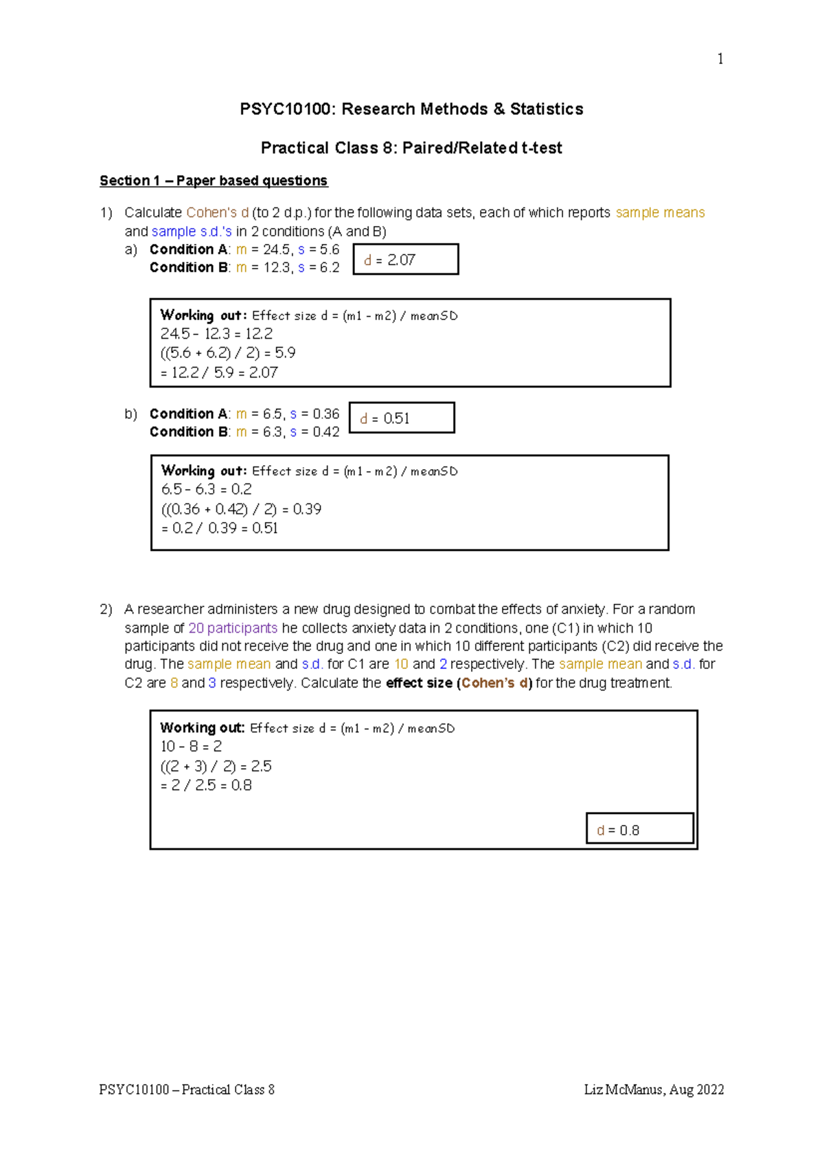 Prac8 A - PRAC 8 ANSWERS - PSYC10100: Research Methods & Statistics Practical Class 8: - Studocu