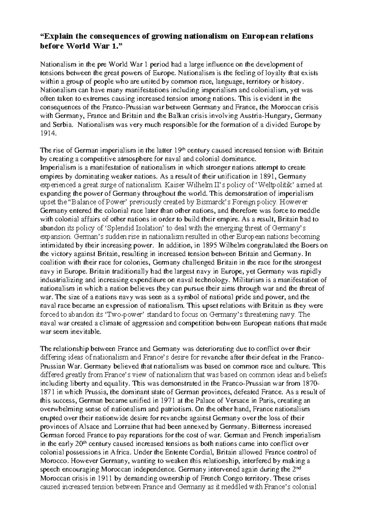 4. European Nationalism essay - exemplar - “Explain the consequences of ...