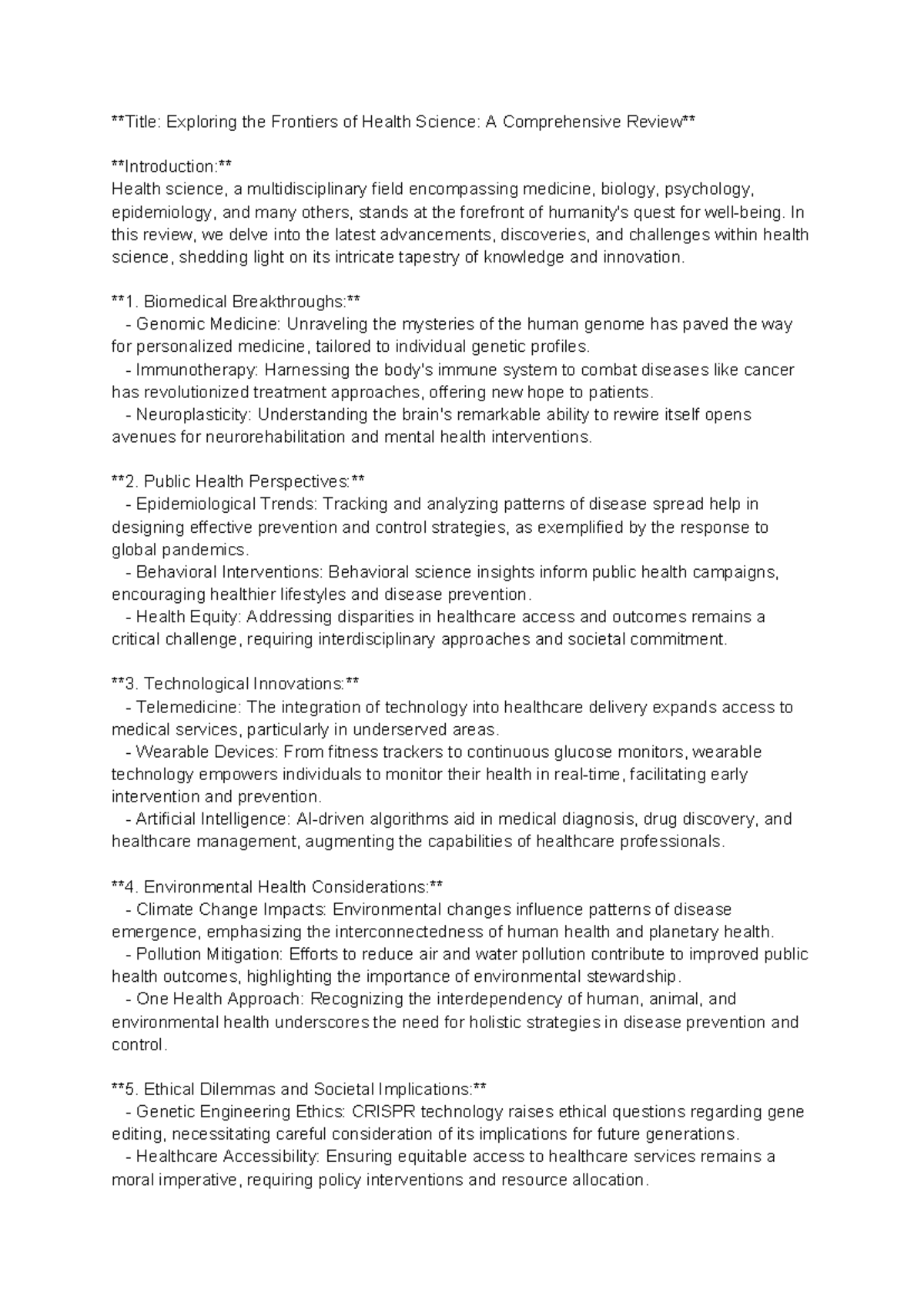 Health 1 - Title: Exploring the Frontiers of Health Science: A ...