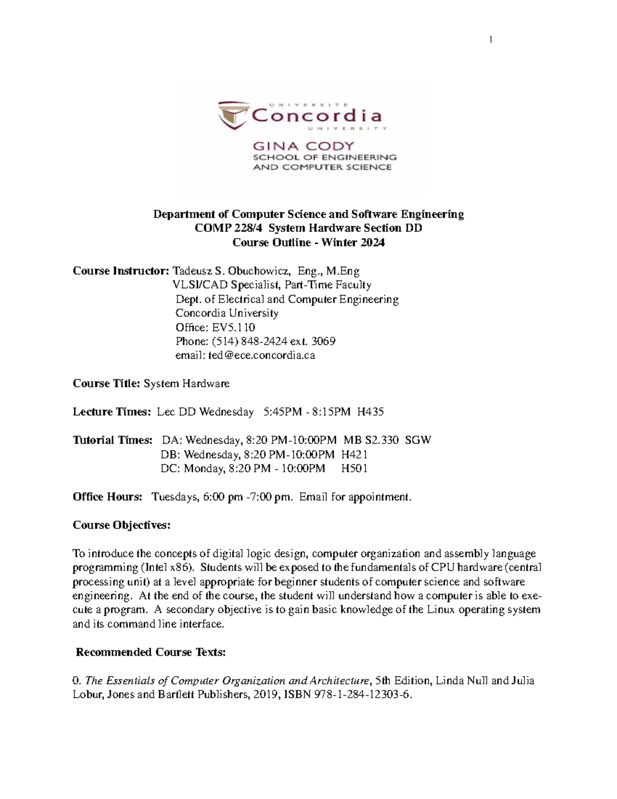 Outline winter 2024 - aedfsf - Department of Computer Science and Software Engineering COMP 228/ ...