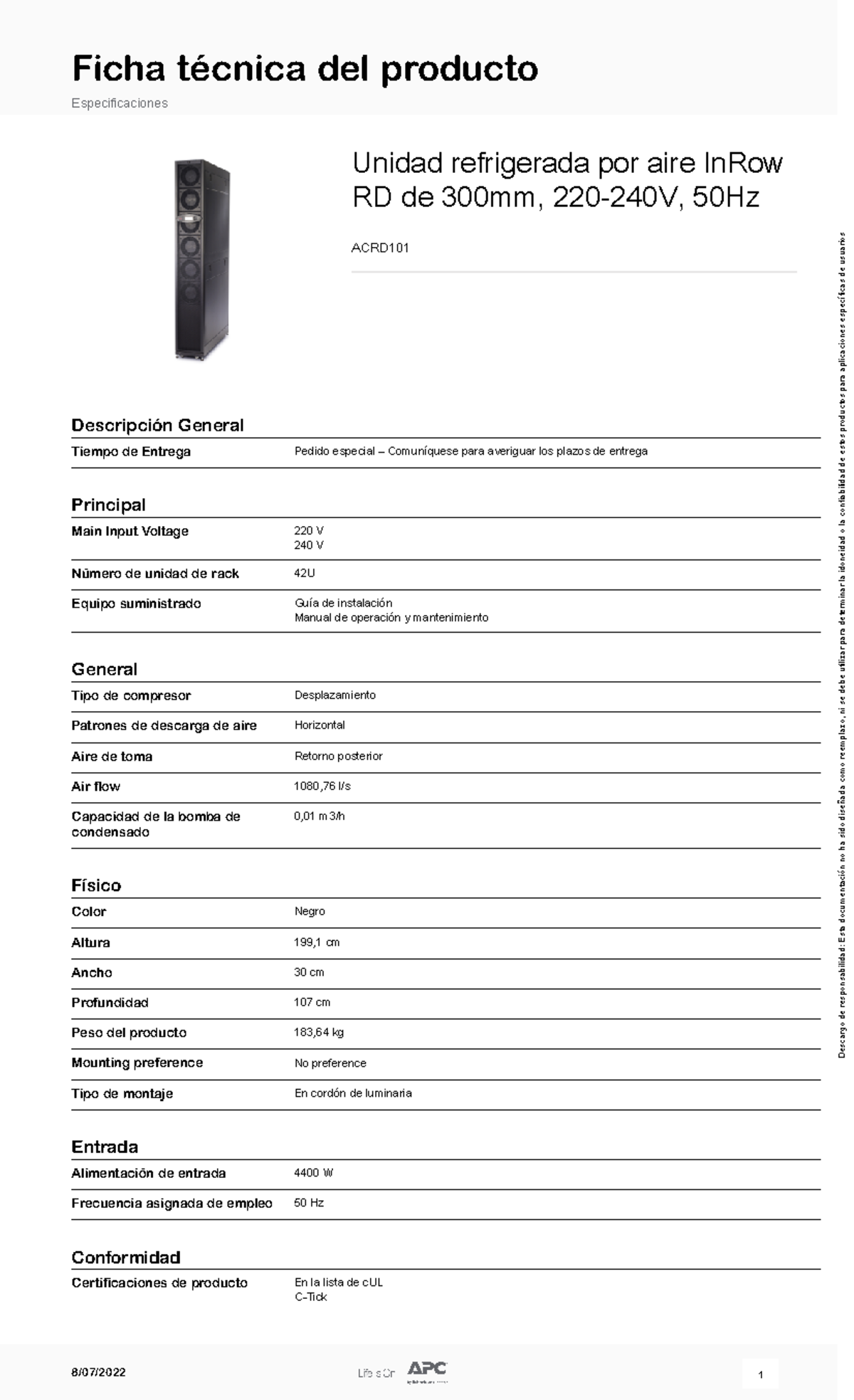 Uniflair Direct Expansion In Row Cooling ACRD101 - Ficha técnica del ...