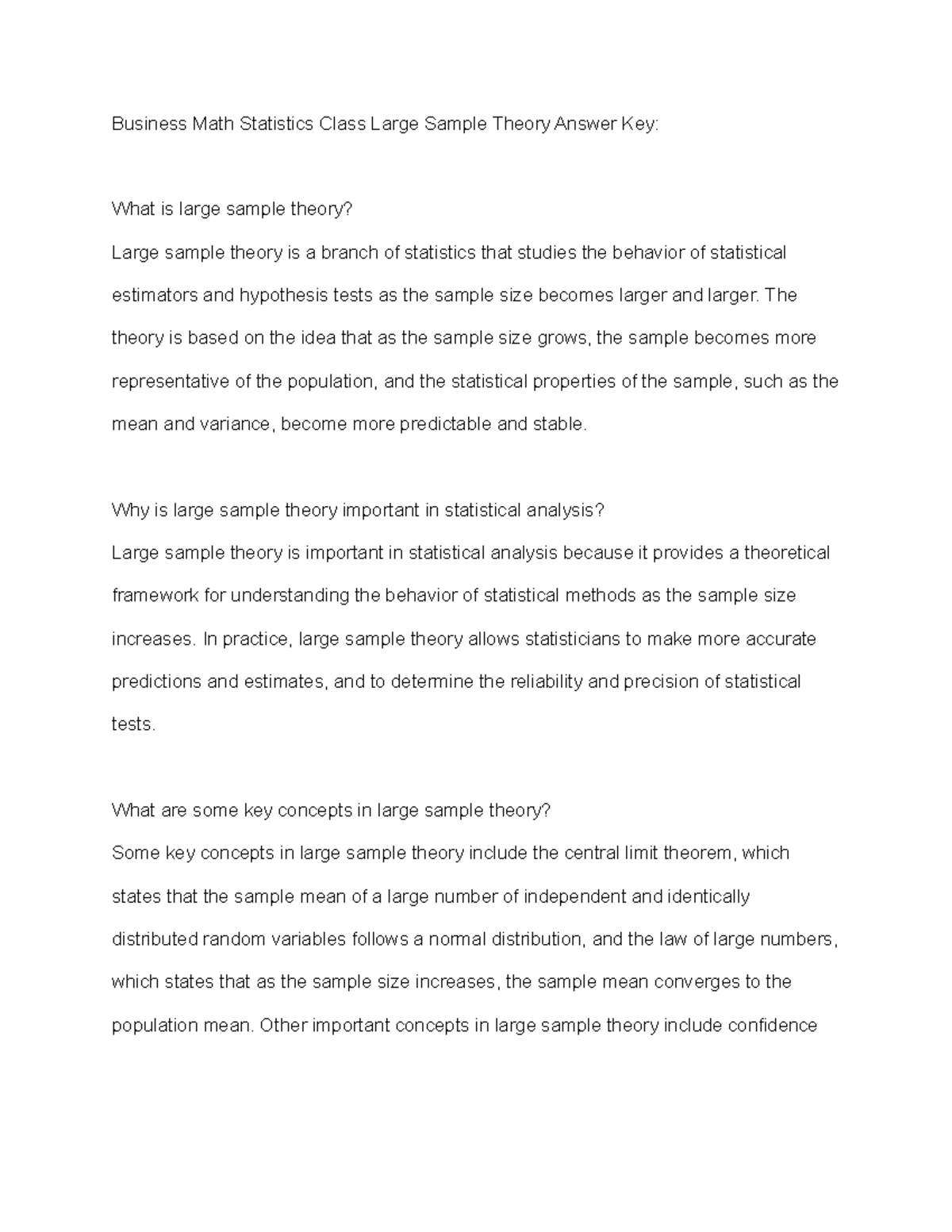 Business Math Statistics Class Large Sample Theory Answer Key - The ...