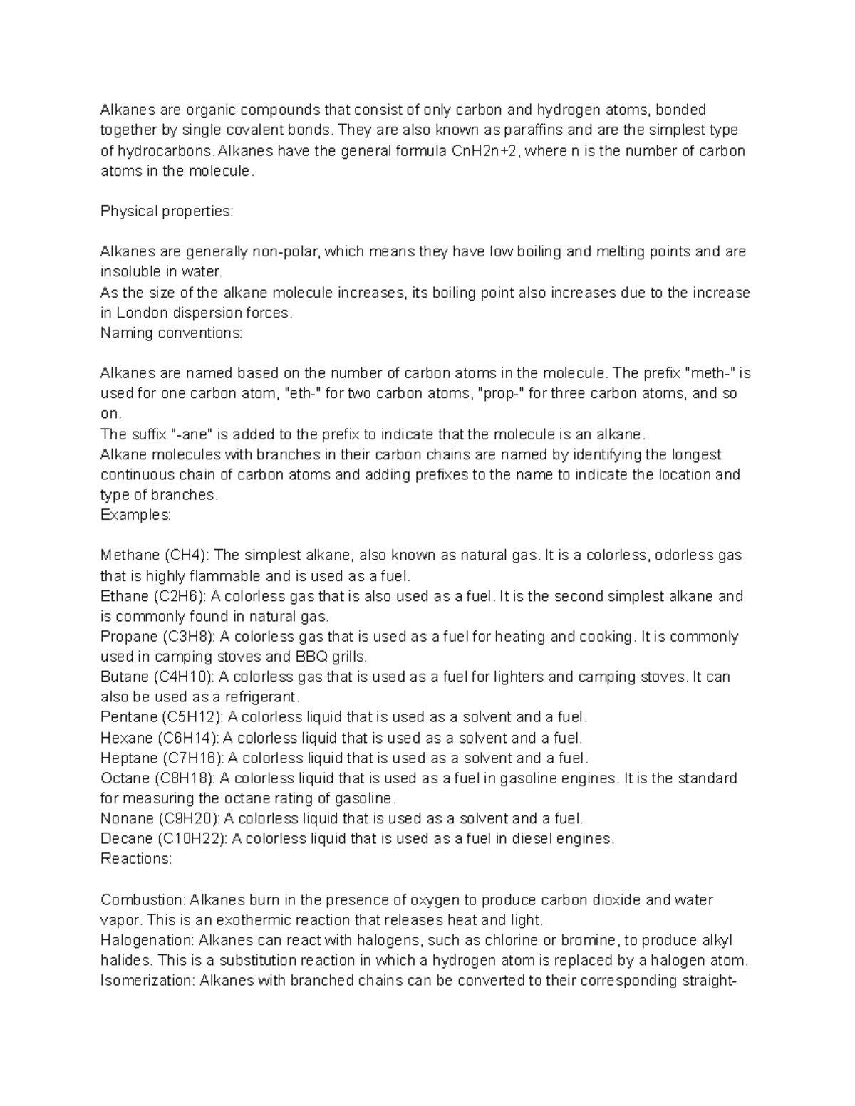 Alkanes notes - Alkanes are organic compounds that consist of only ...