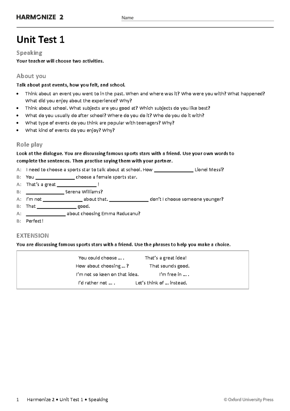 Harmonize 2 Unit 1 Test Speaking - 1 Harmonize 2 • Unit Test 1 ...