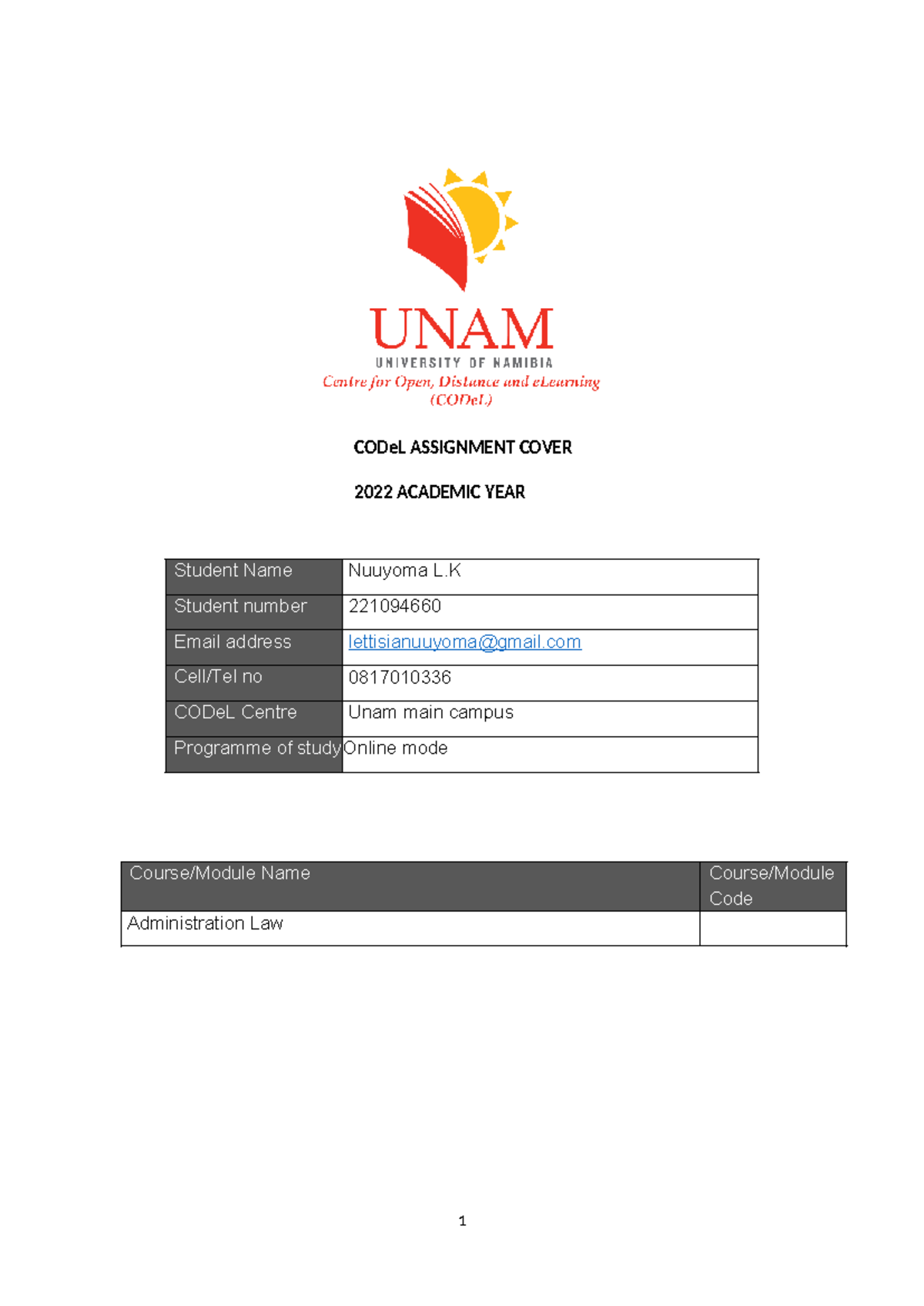 Admin 2 - assignment - CODeL ASSIGNMENT COVER 2022 ACADEMIC YEAR Course ...