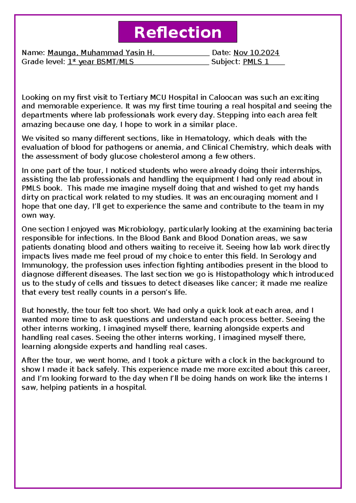 Reflection-Paper-PMLS1 - Name: Maunga, Muhammad Yasin H. Date: Nov 10 ...