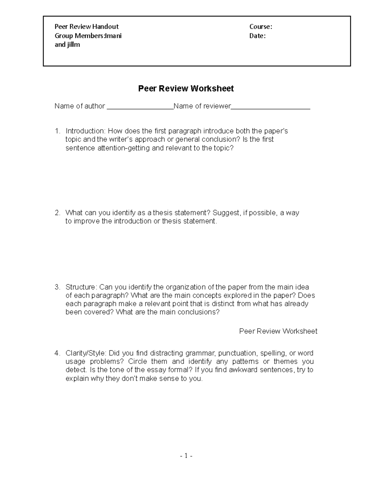 Peer Review Handout doc - Peer Review Handout Group Members:Imani and ...