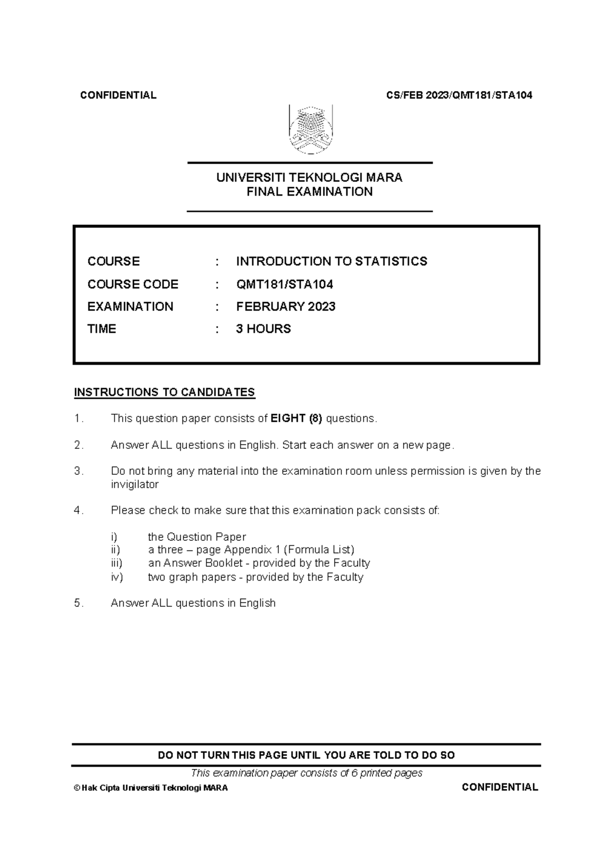 16. STA104 February 2023 - UNIVERSITI TEKNOLOGI MARA FINAL EXAMINATION ...
