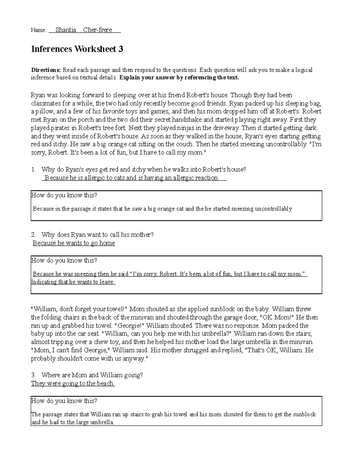 Make an Inference 3 SC - Name: Shantia Cher-frere Inferences Worksheet ...