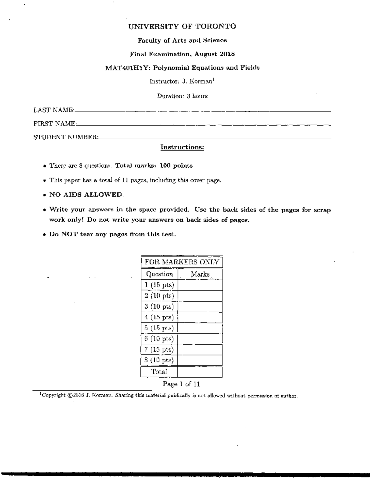 2018 final past exam - past paper - UNIVERSITY OF TORONTO Faculty of ...