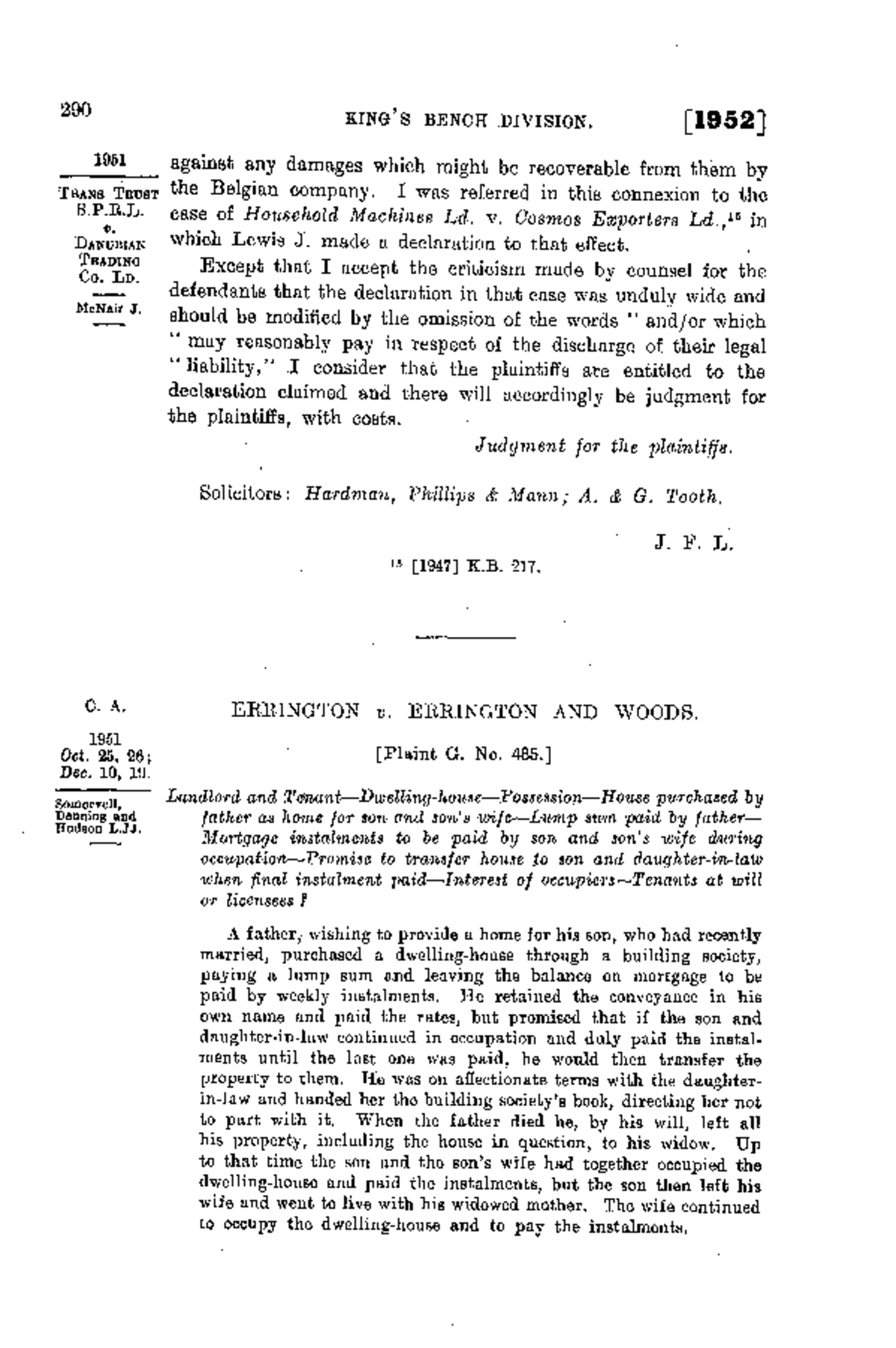 Errington v. Errington AND Woods. [Plaint G. No. 485.] [1952] 1 K.B ...