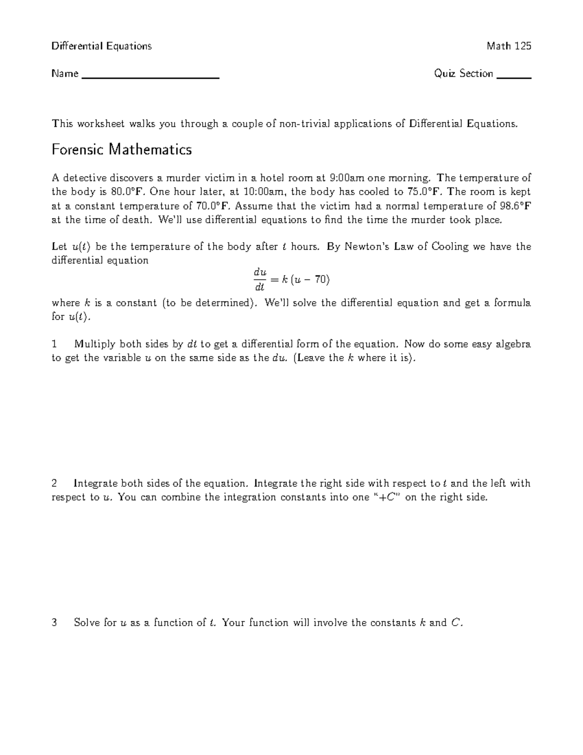 Diff EQ - math - Differential Equations Math 125 Name Quiz Section This ...