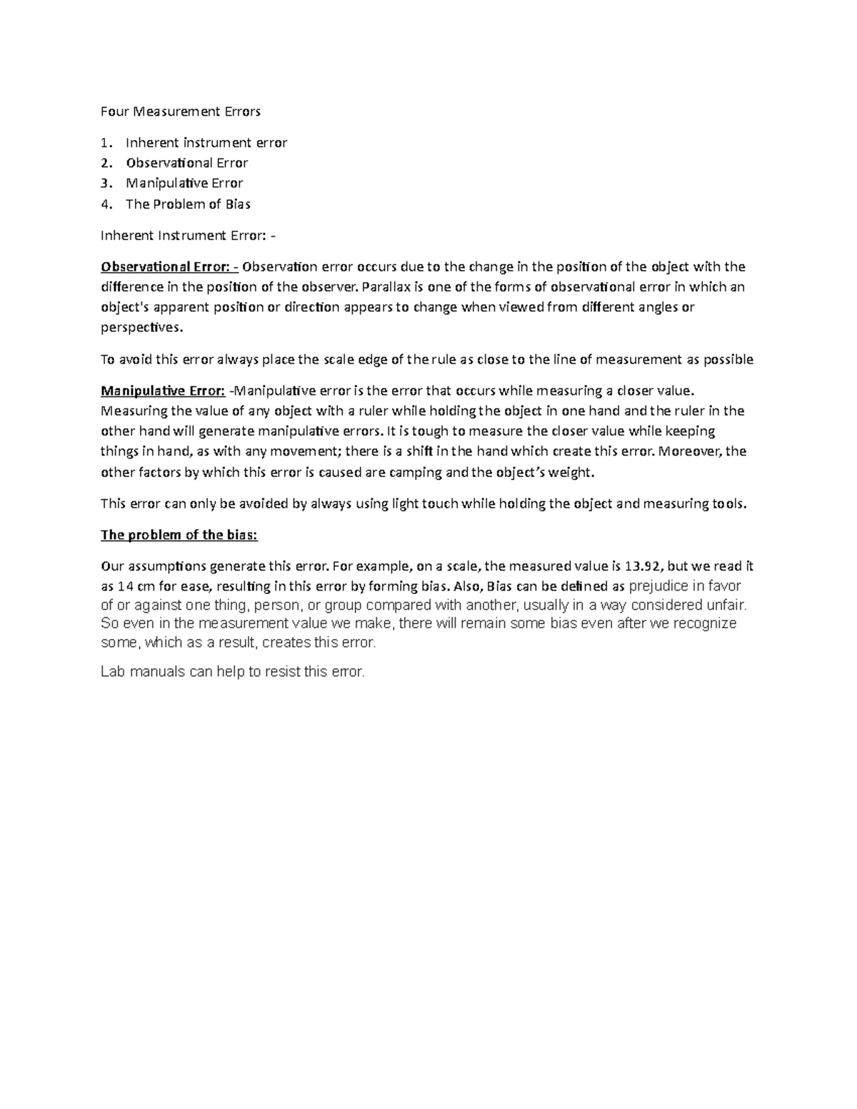 Measurement Errors Four Measurement Errors Inherent Instrument Error