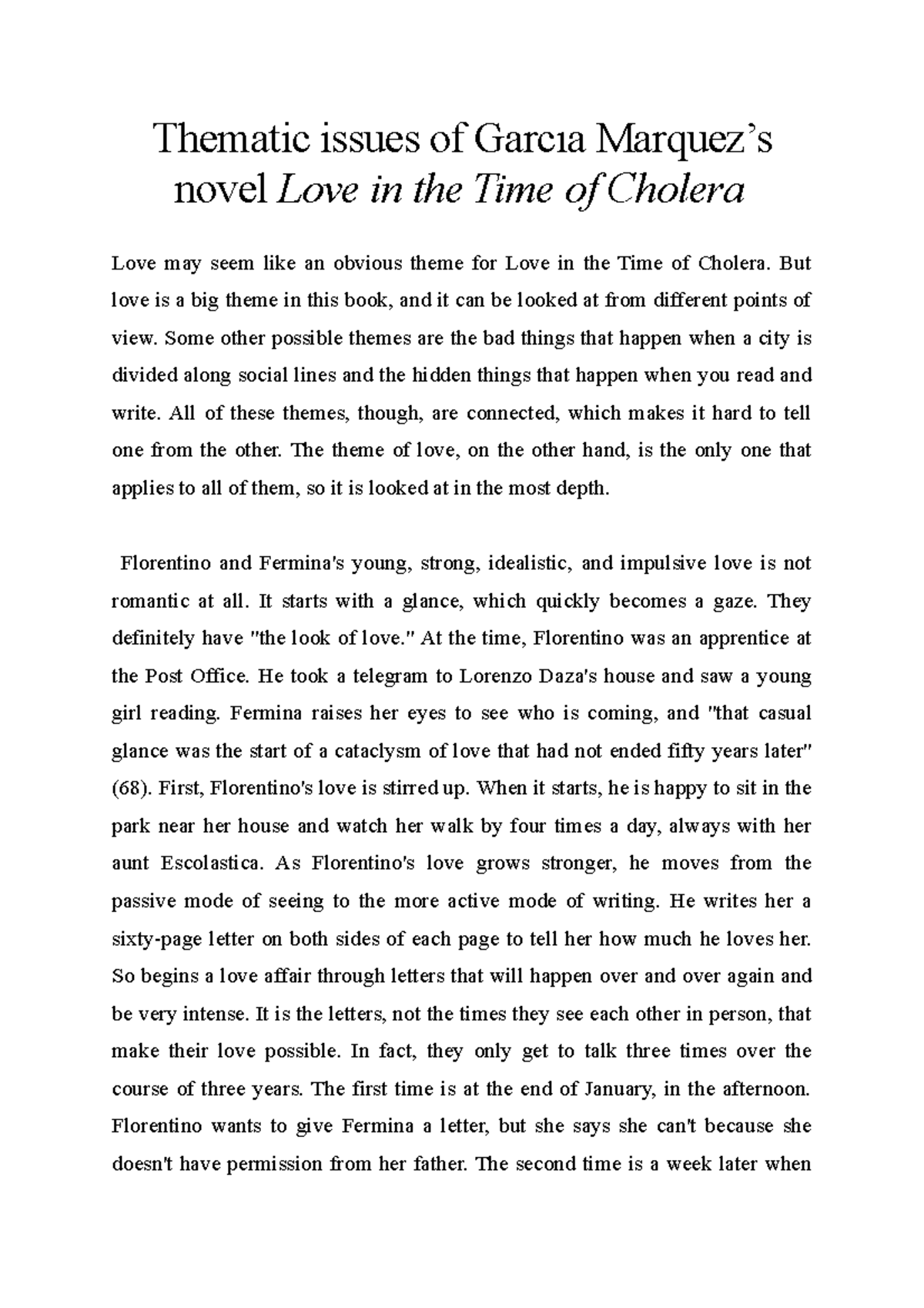 Thematic issues of Garcıa Marquez’s novel Love in the Time of Cholera ...