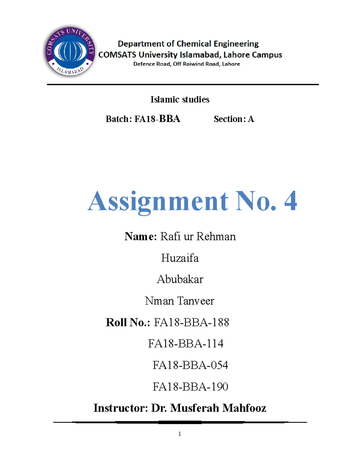 Islamic studies assignment 4 - Islamic studies Batch: FA18-BBA Section ...
