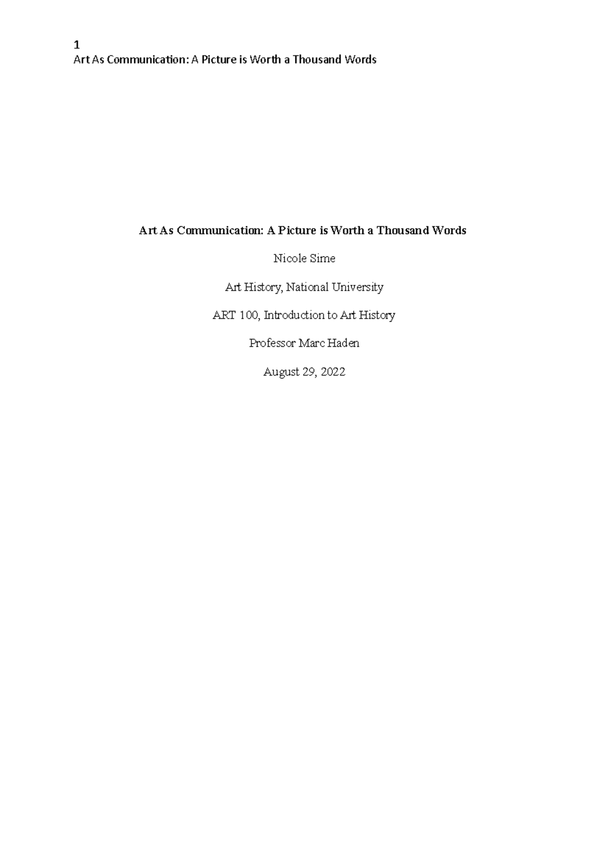 Art History Paper 1 - Art As Communication: A Picture is Worth a ...