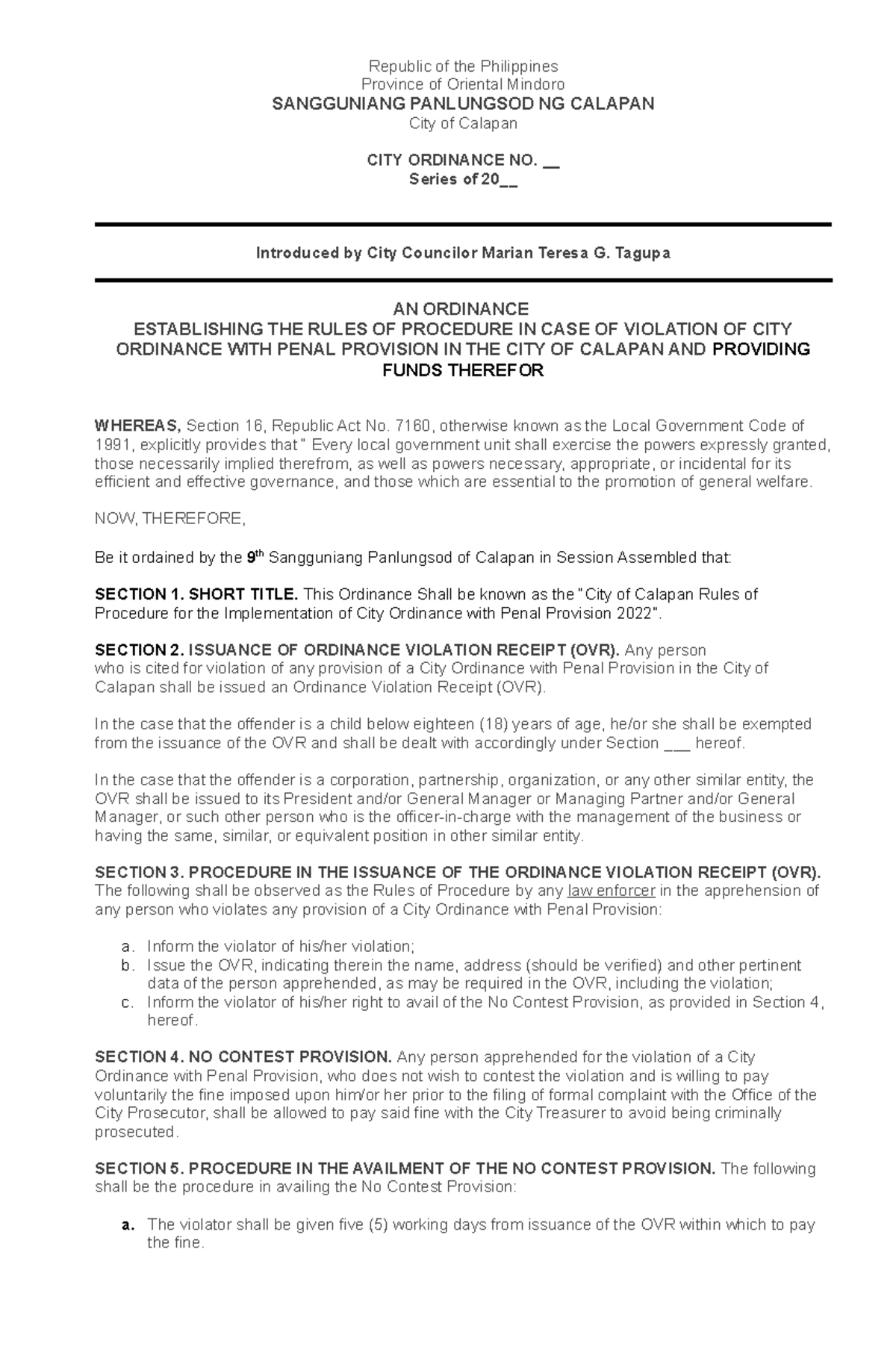 Ordinance - Rules of Procedure in Case of Violation of a City Ordinance ...