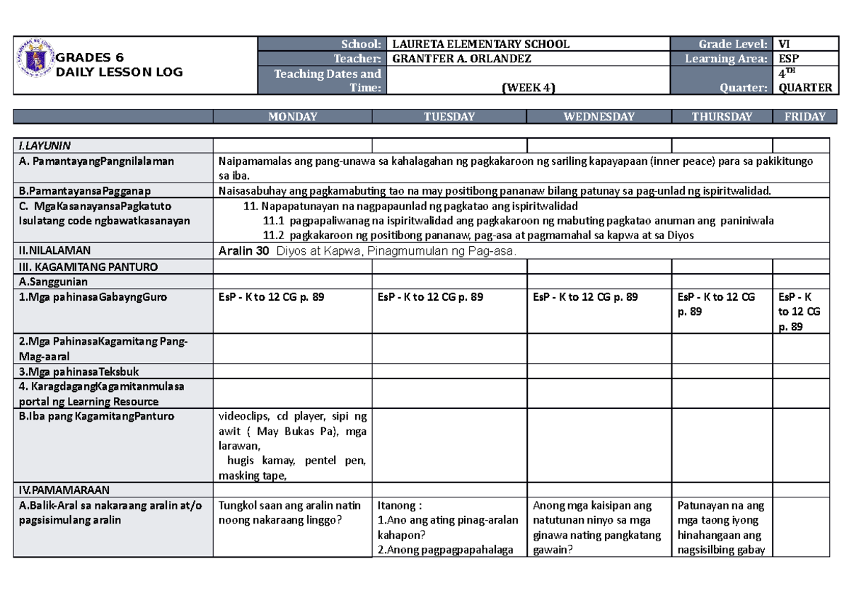 DLL ESP 6 Q4 W4 - PRA - GRADES 6 DAILY LESSON LOG School: LAURETA ...