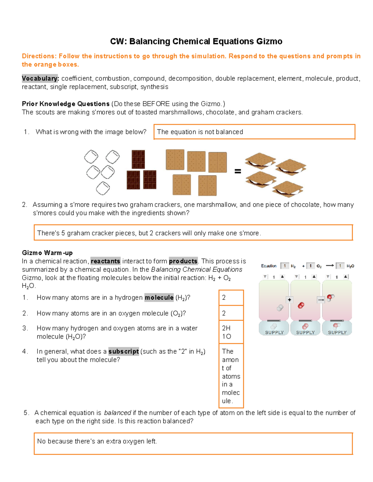 CW Balancing Equations Gizmo Part one two and three - CW: Balancing ...