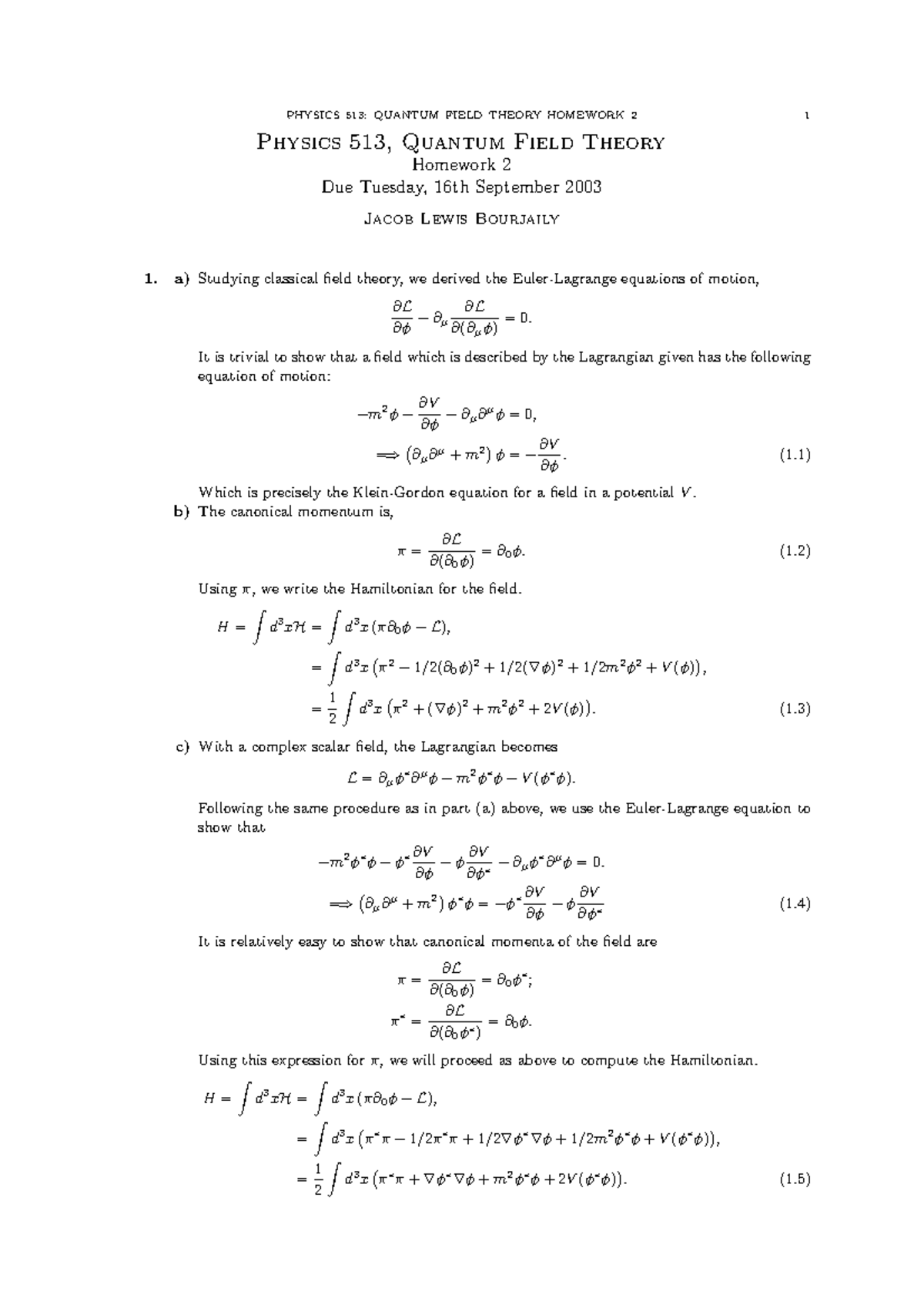 Homework 1-2 - Lecture notes 1-2 - PHYSICS 513: QUANTUM FIELD THEORY ...