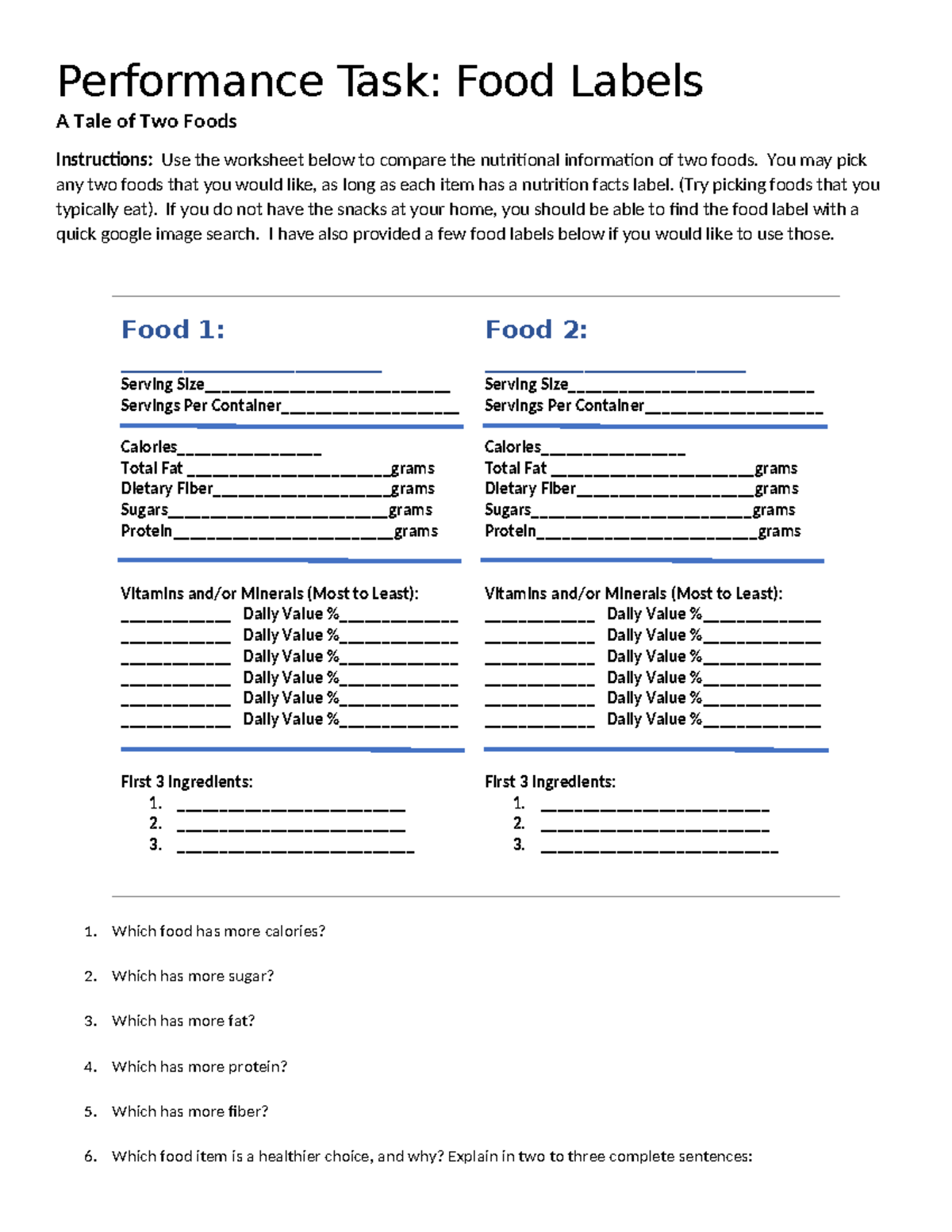 Science performance Task (4th Q) - Performance Task: Food Labels A Tale ...