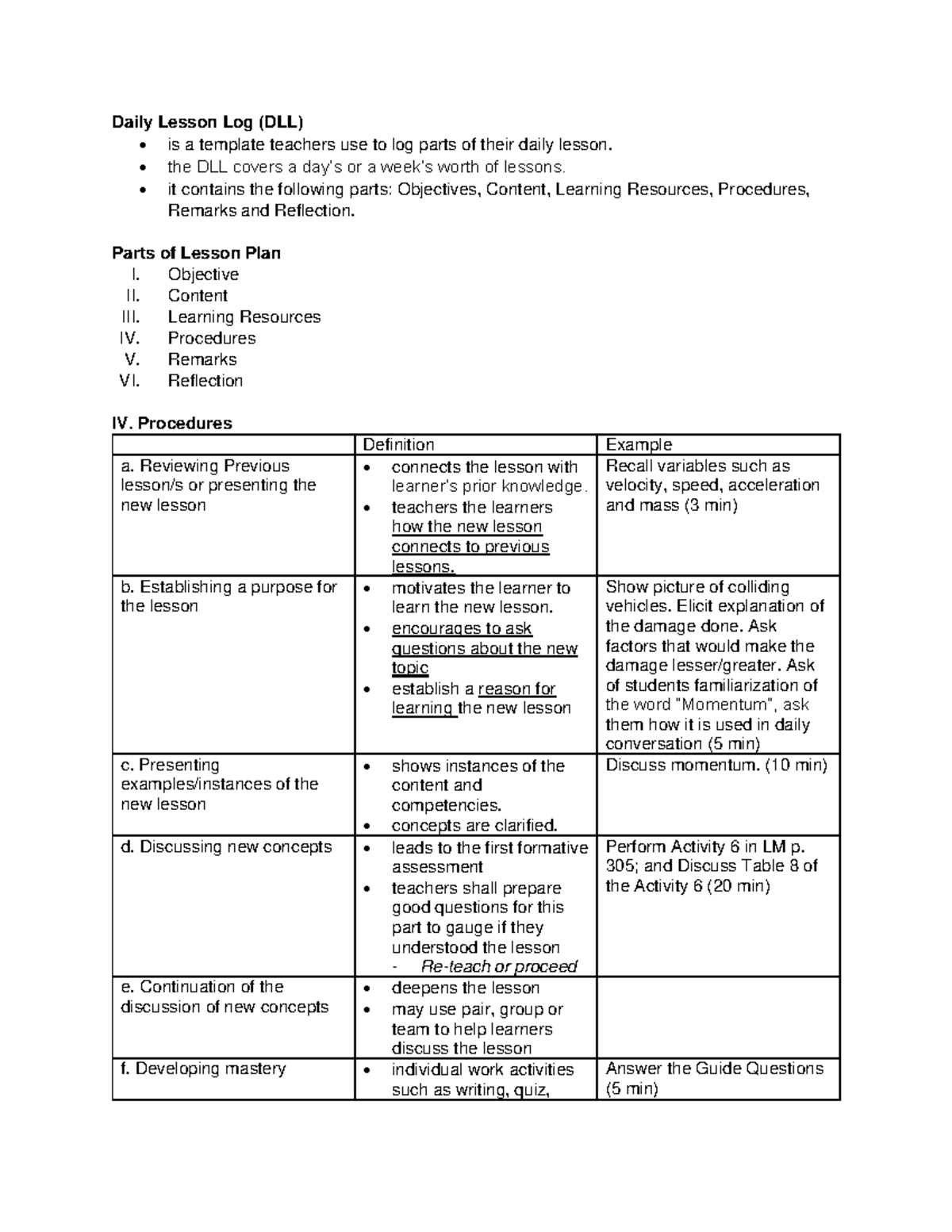 DLL Parts with Definition - Daily Lesson Log (DLL) is a template ...