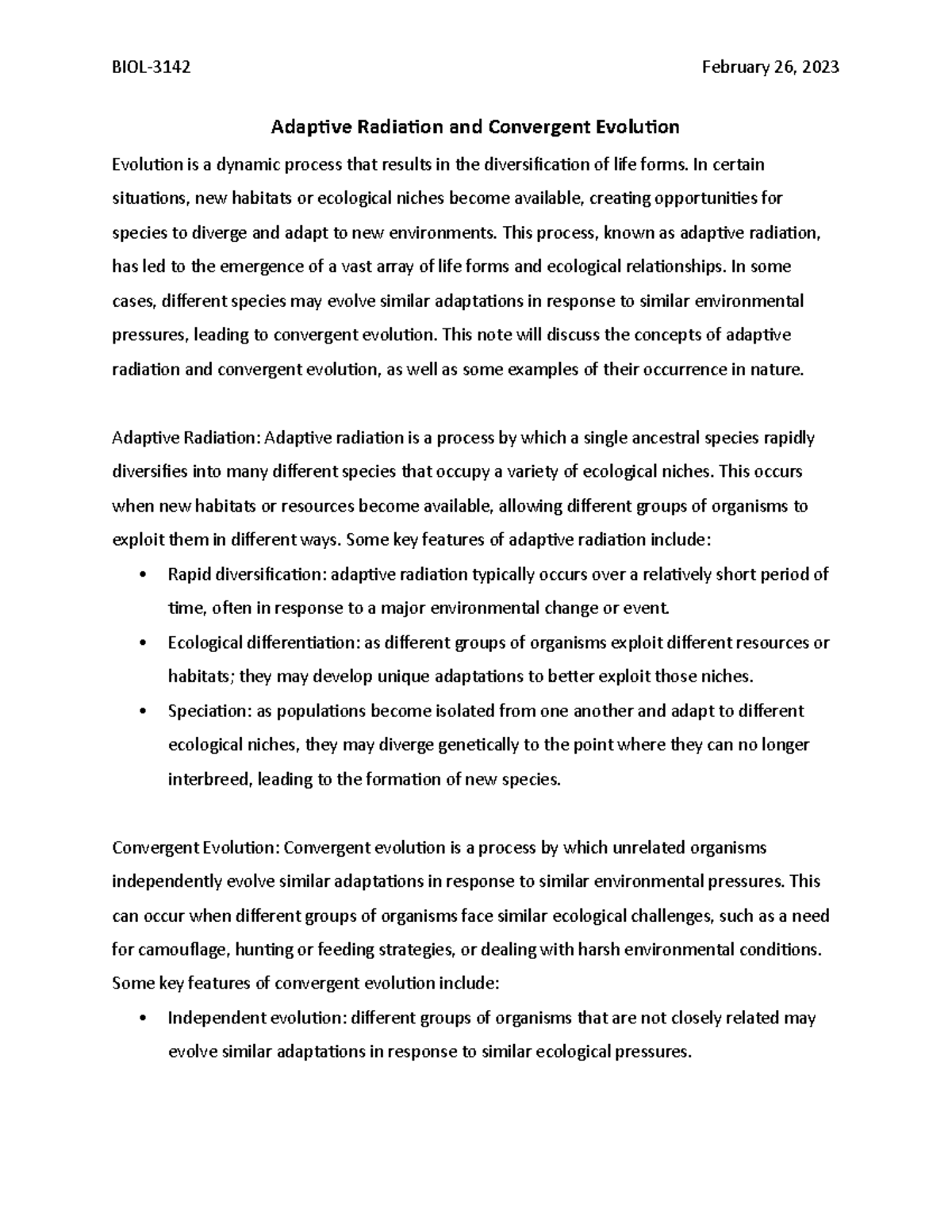 Adaptive Radiation and Convergent Evolution - BIOL-3142 February 26 ...