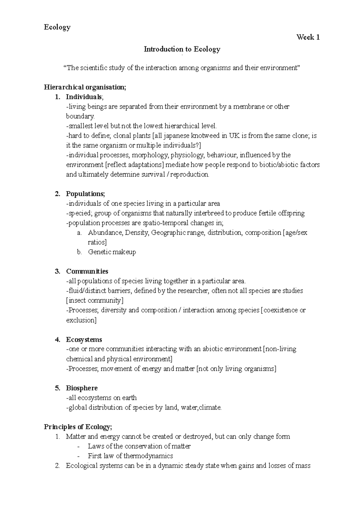 Introduction to Ecology - week 1 - Ecology Week 1 Introduction to ...