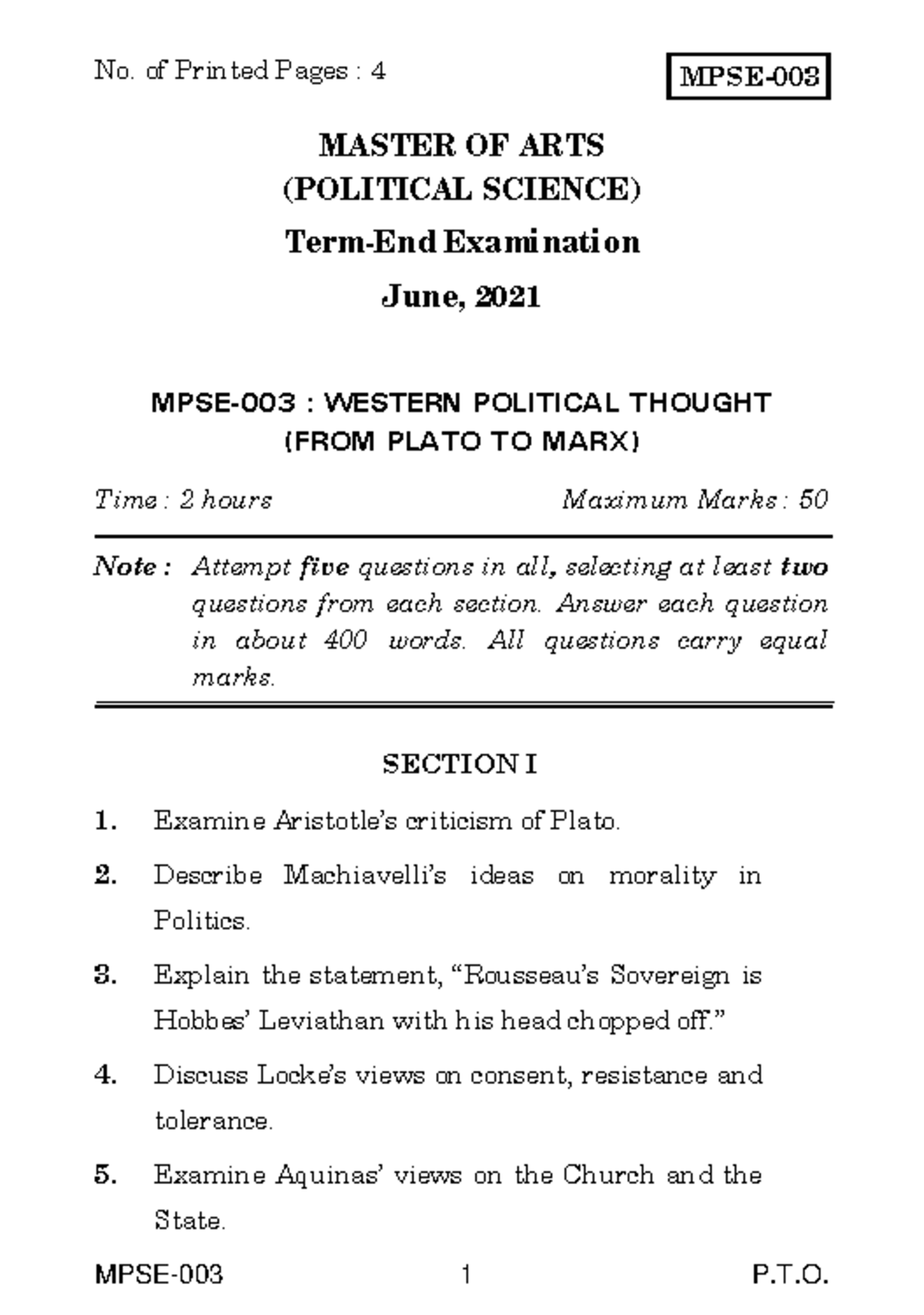 MPSE-3 2021 - Practice paper - MPSE-003 1 P.T. MPSE- MASTER OF ARTS ...