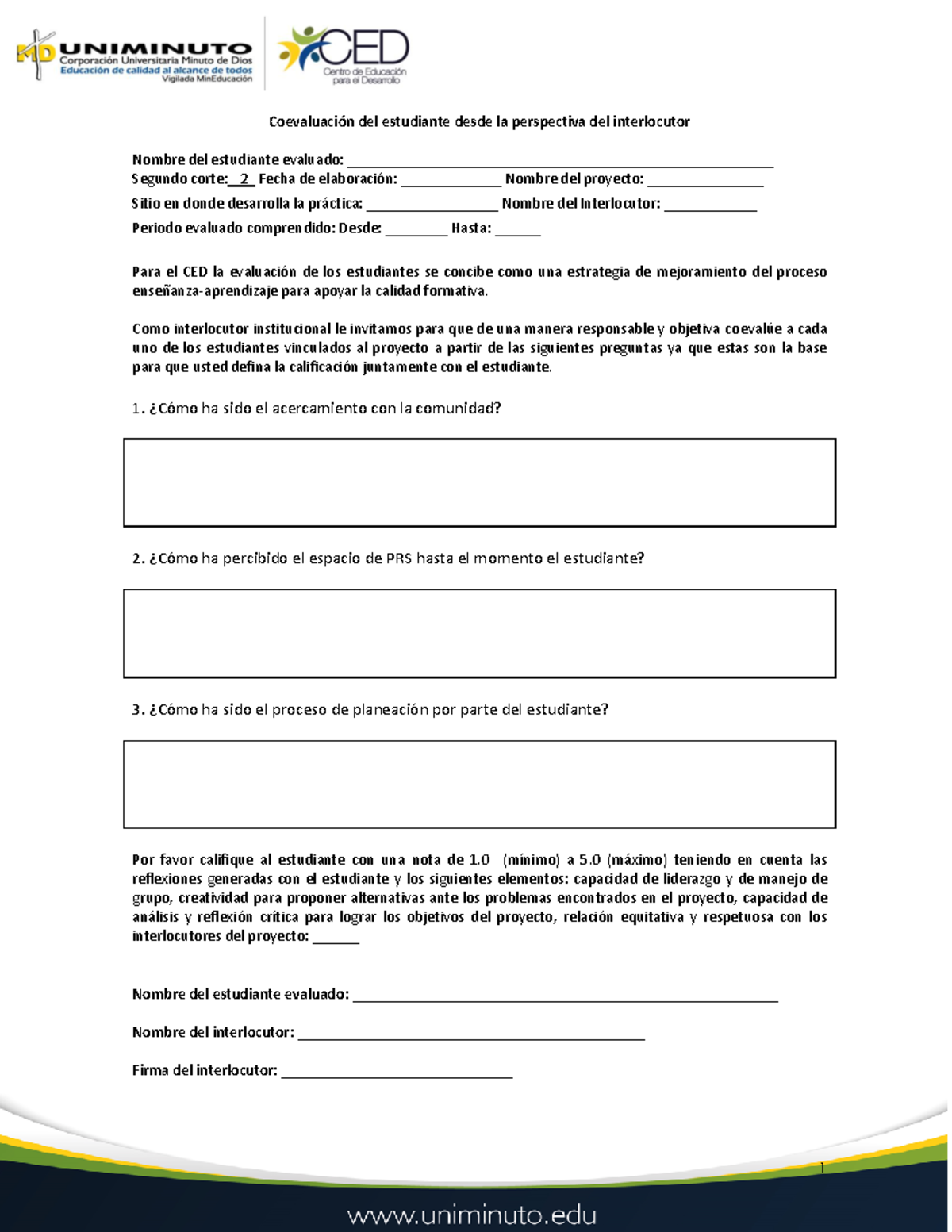 ACTV 13 - FORMATO - 1 Coevaluación del estudiante desde la perspectiva del interlocutor Nombre ...