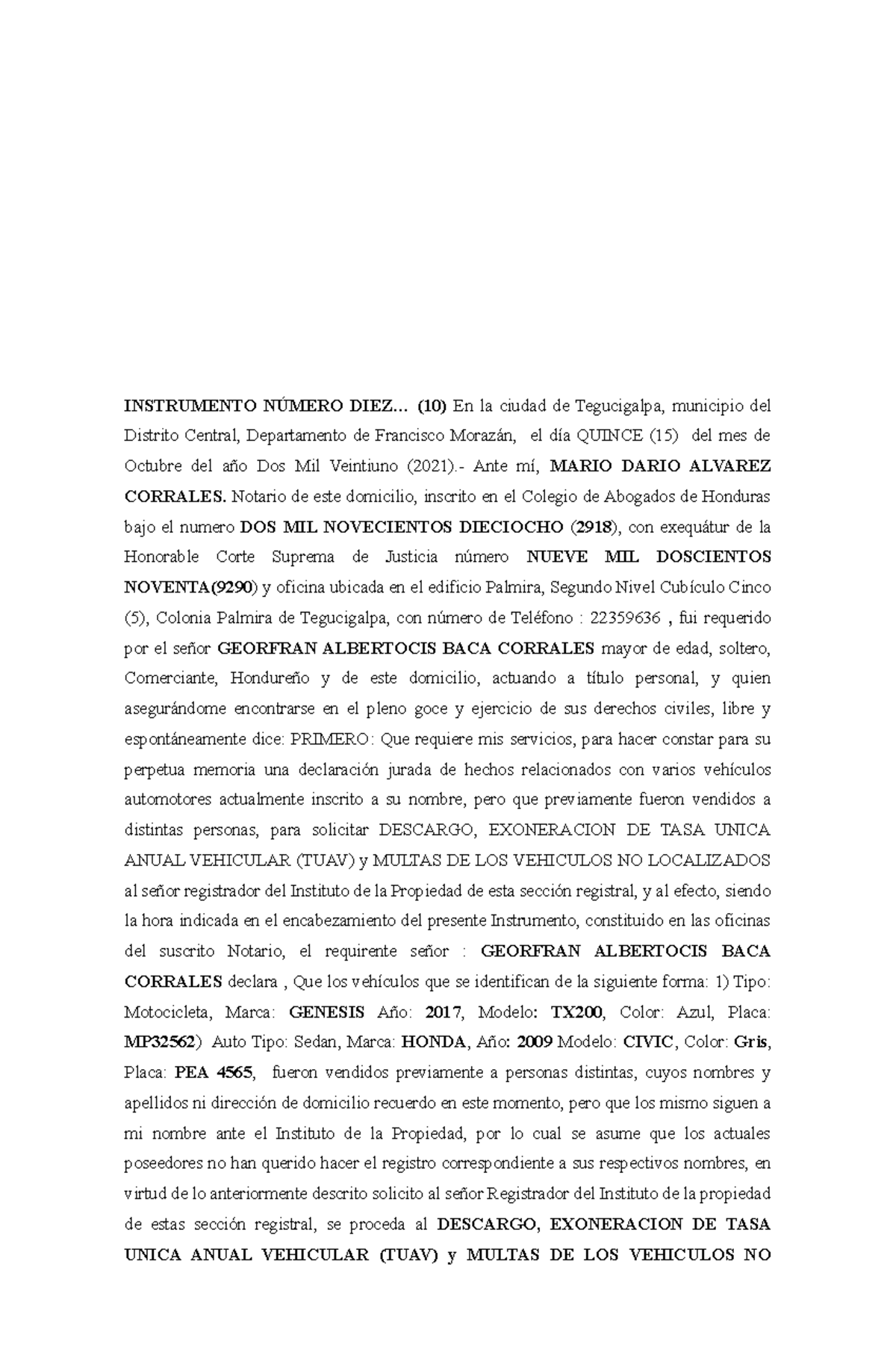 ACTA Notarial DE Constatacion DE Hechos - INSTRUMENTO NÚMERO DIEZ ...