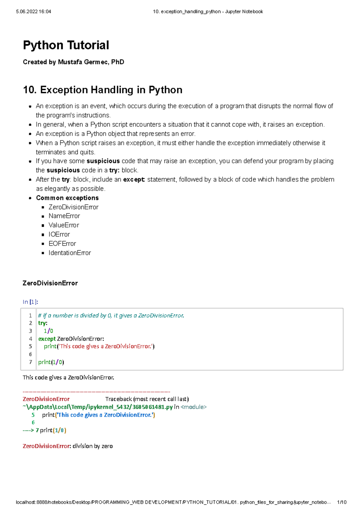 10 - no info - Python Tutoral Created by Mustafa Germec, PhD 10. Excepton Handlng n Python An ...
