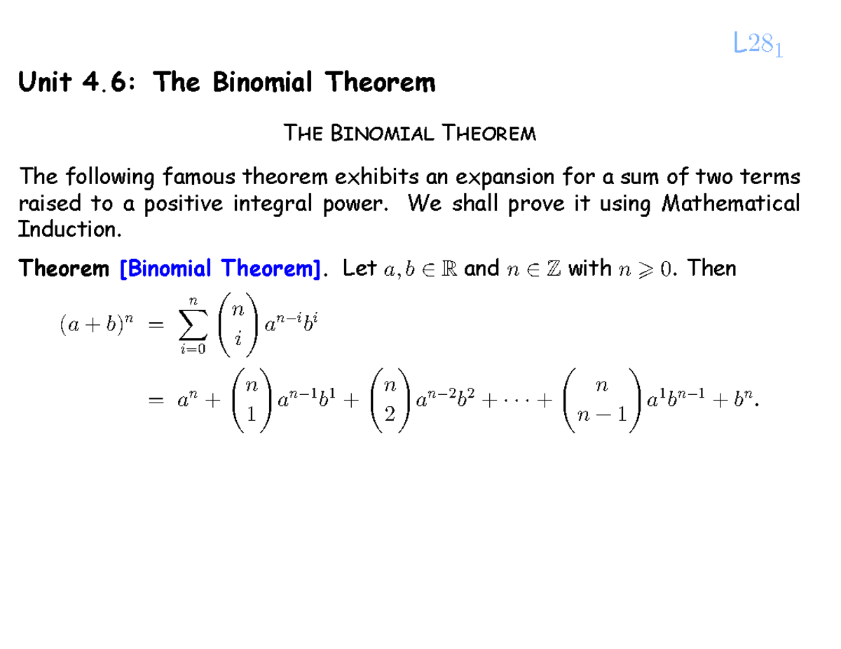 WTW115 Lecture 04 (post lecture note - L 28 Unit 4: The Binomial ...