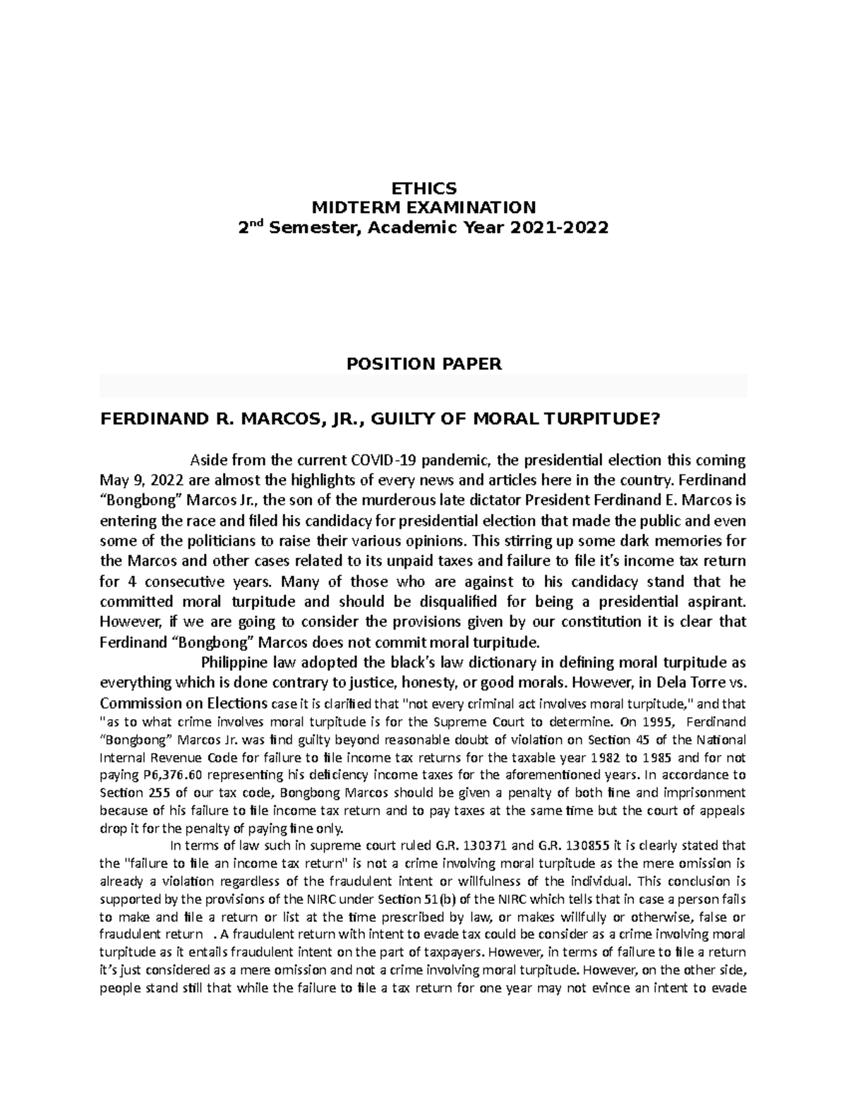 Ethics. Position paper for Political issue - ETHICS MIDTERM EXAMINATION ...