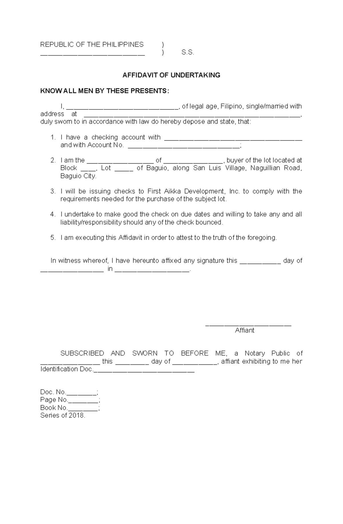 Affidavit of undertaking to issue check in behalf of buyer - REPUBLIC OF THE PHILIPPINES ) - Studocu