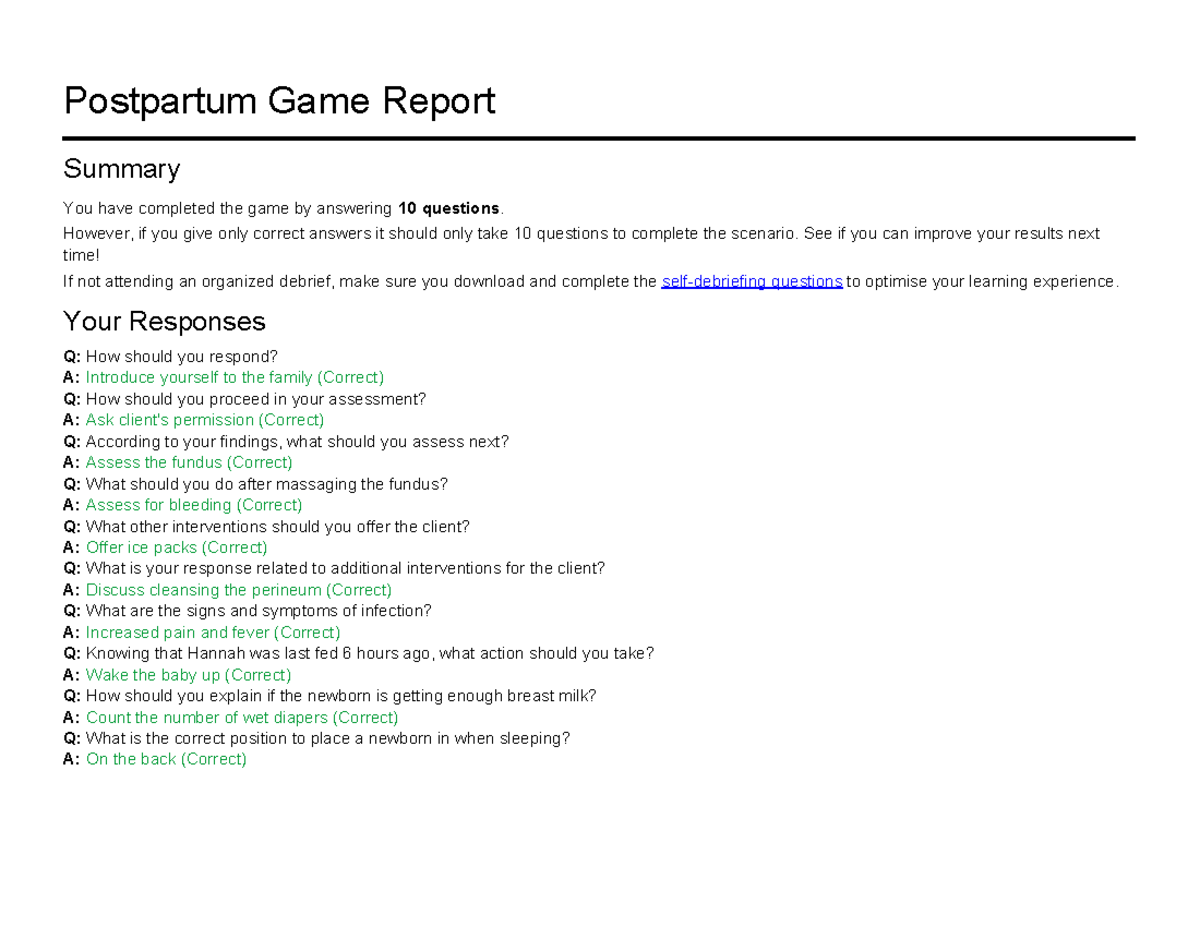 Postpartum game report - NURS101 - NCC - Studocu