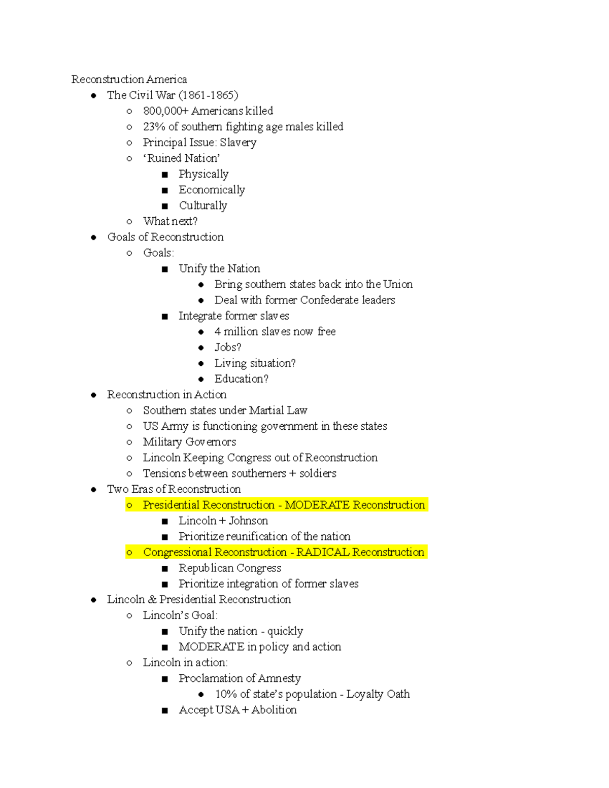 HIST1302 - Notes taken during class - Reconstruction America The Civil ...