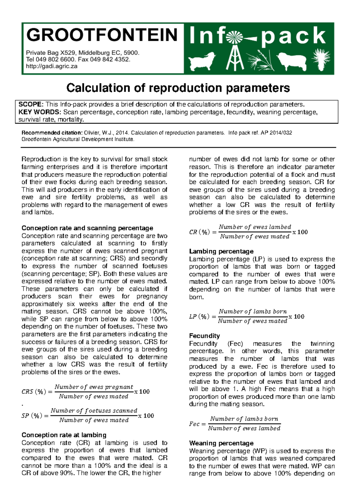 Calculation of reproduction parameters - KEY WORDS: Scan percentage ...