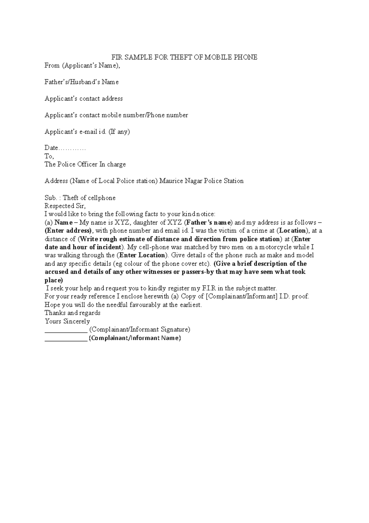 FIR Sample - Uuuuieiiekekkeed - FIR SAMPLE FOR THEFT OF MOBILE PHONE ...
