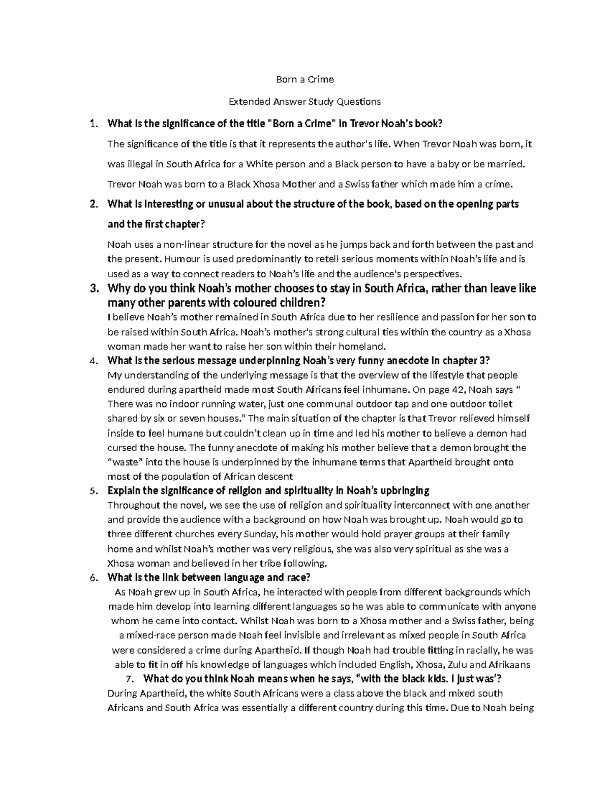 Born a Crime Extended Answer Study Questions - What is the significance ...