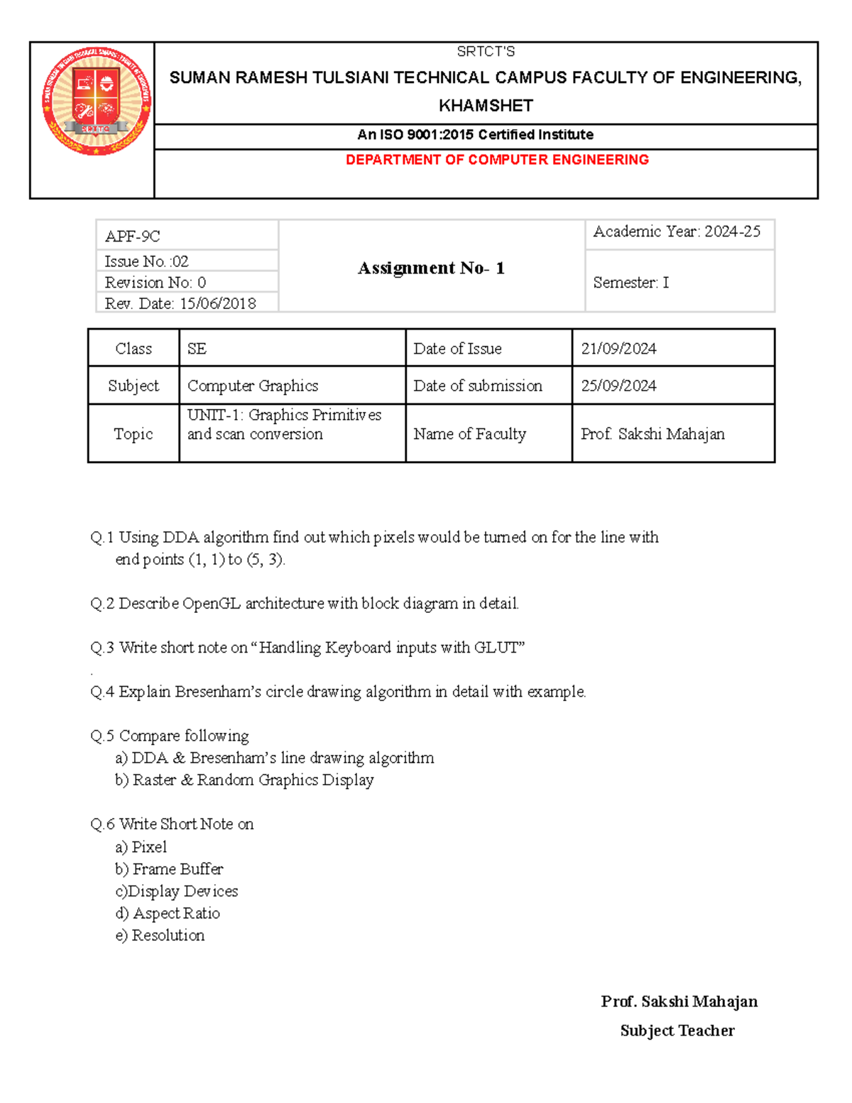 CG Assignment 1 - SRTCT’S SUMAN RAMESH TULSIANI TECHNICAL CAMPUS ...