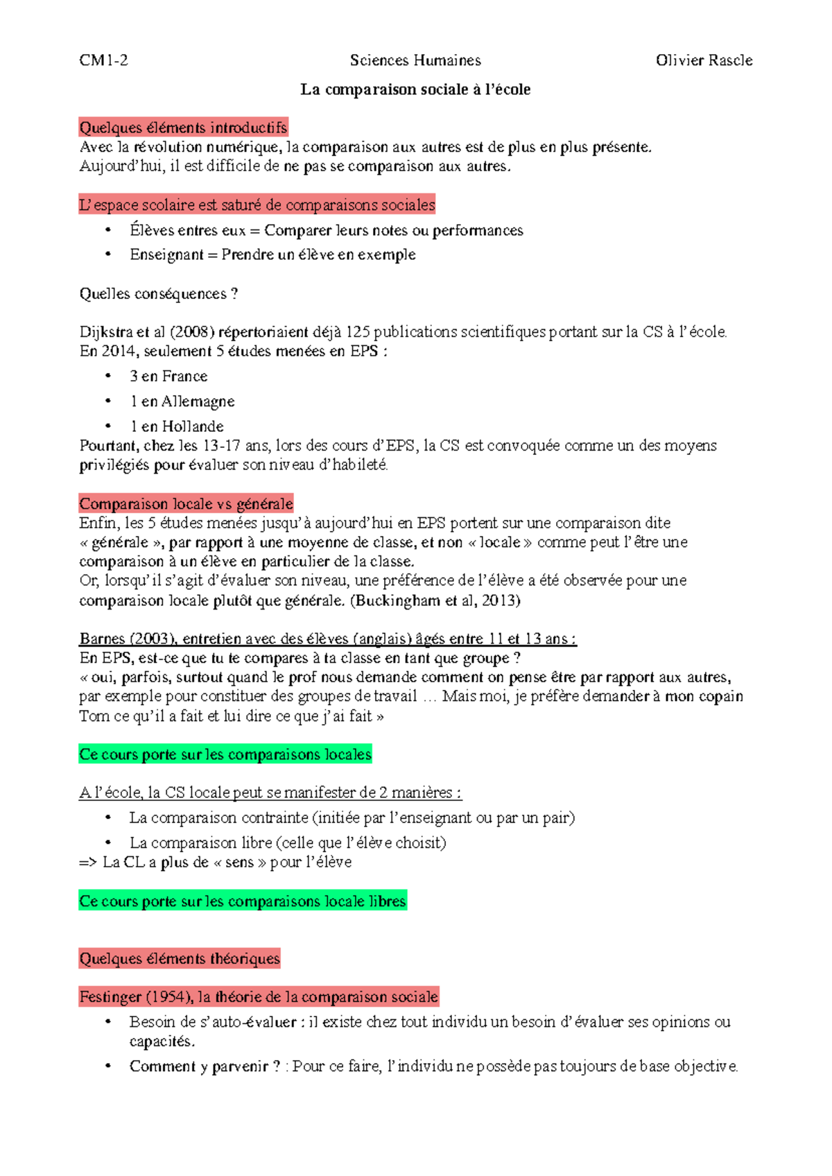 La-CS - Notes de cours 1 - La comparaison sociale à l’école Quelques ...