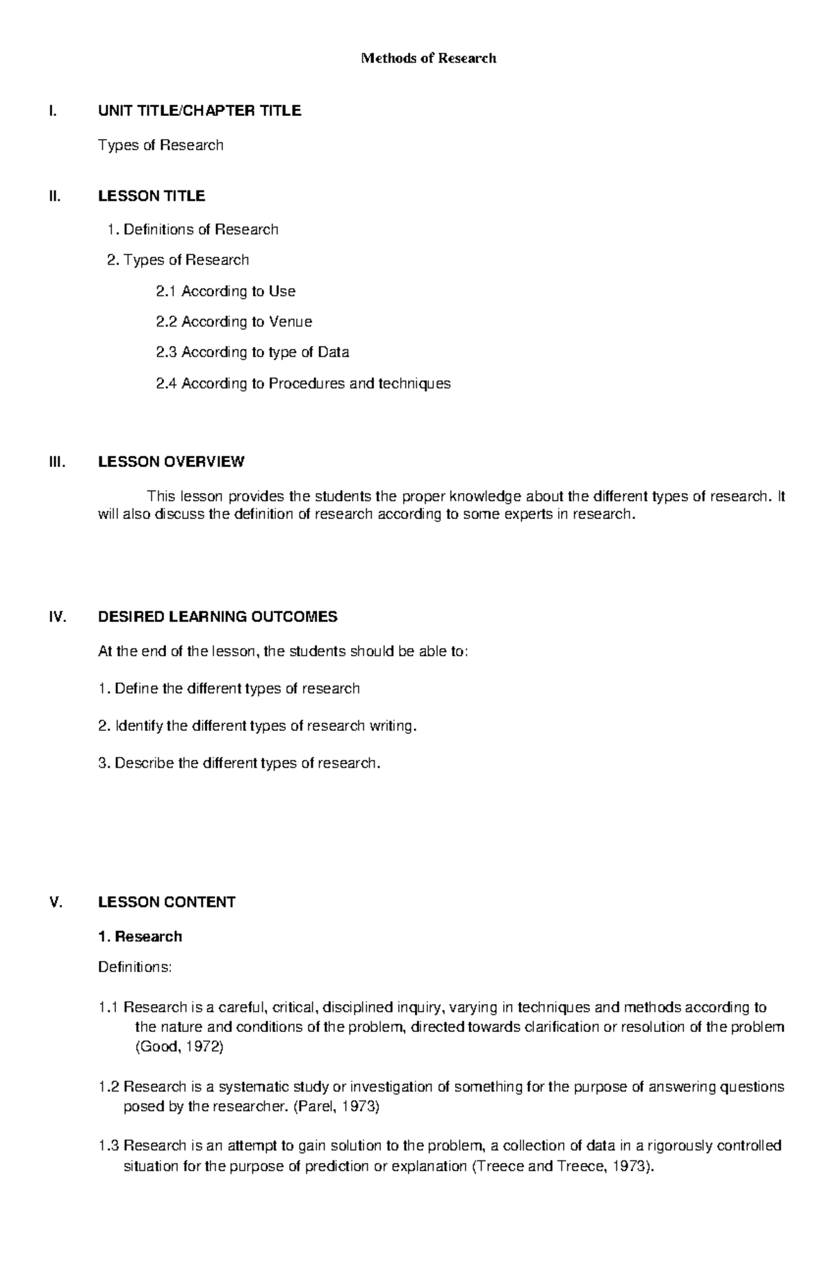 Introduction to Research Methods - I. UNIT TITLE/CHAPTER TITLE Types of ...