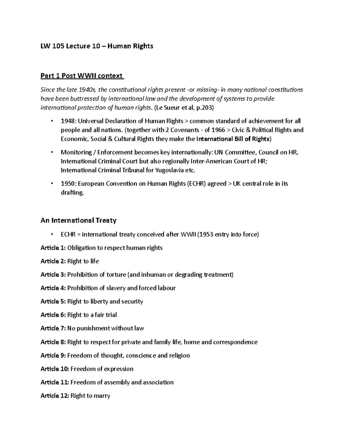 LW 105 Lecture 10 - LW 105 Lecture 10 – Human Rights Part 1 Post WWII context Since the late ...