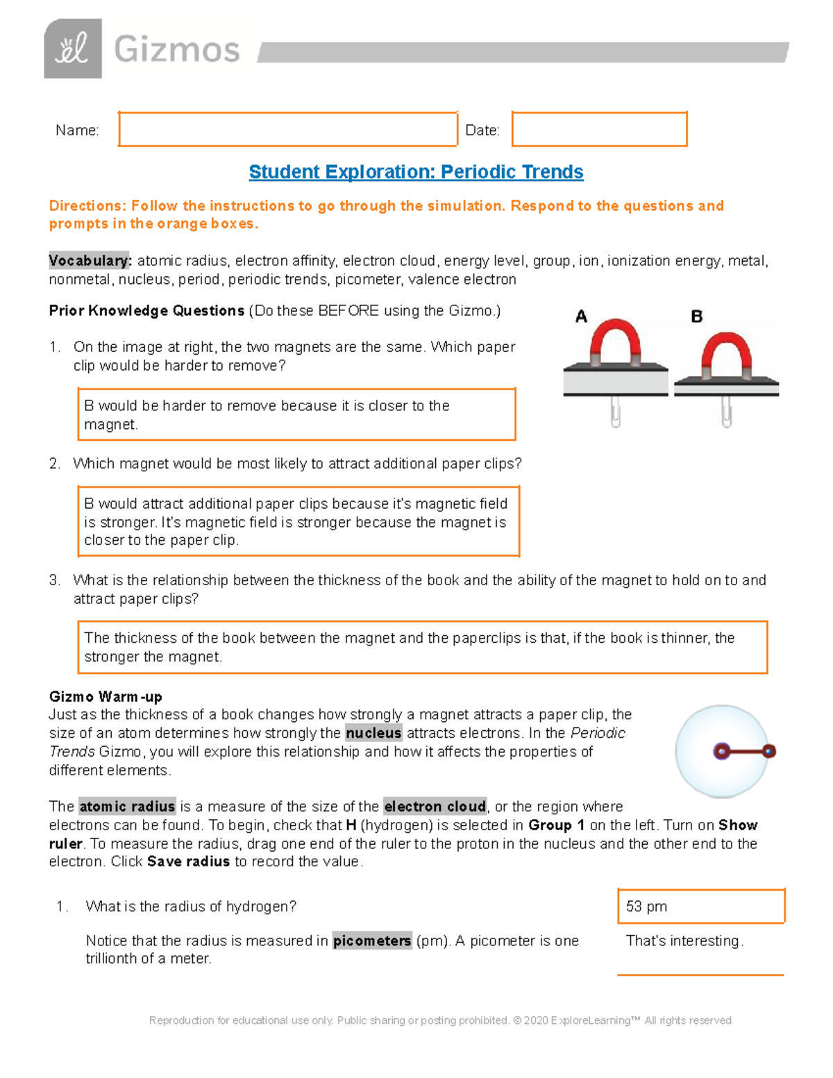 Copie de Copy of Periodic Trends SE-3 - Name: Date: Student Exploration ...