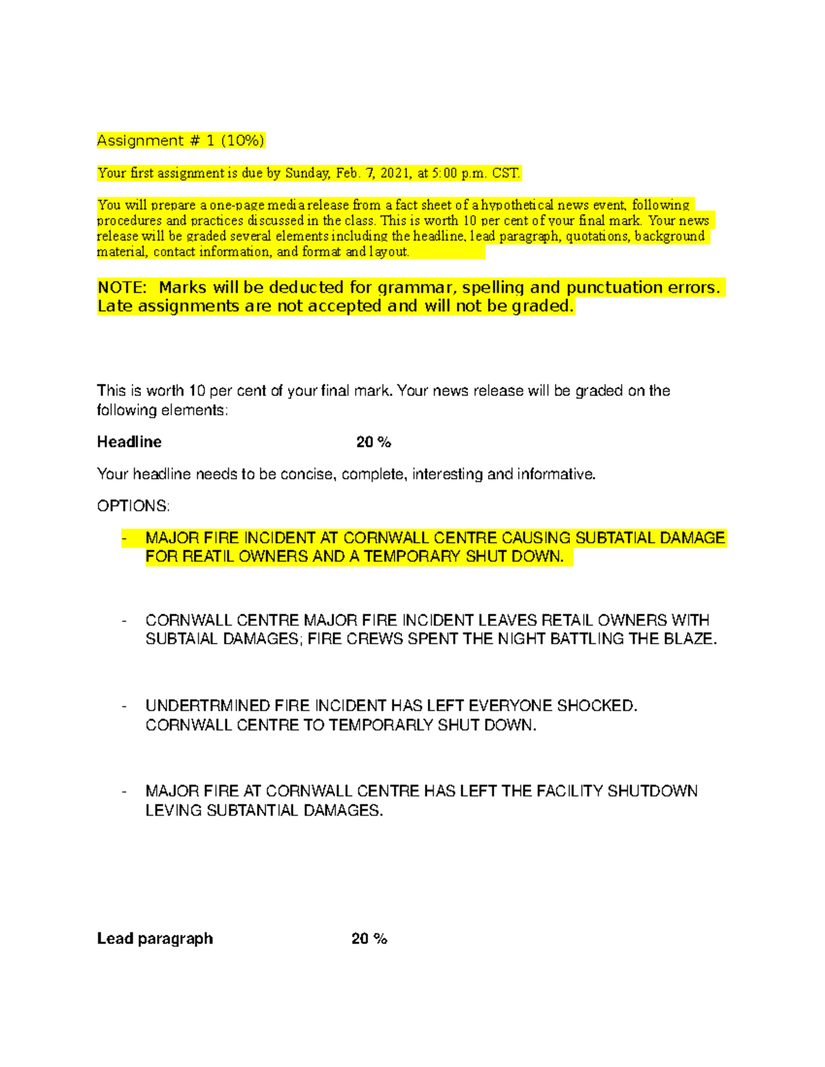 NEWS Release Assign #1 - Assignment # 1 (10%) Your first assignment is ...