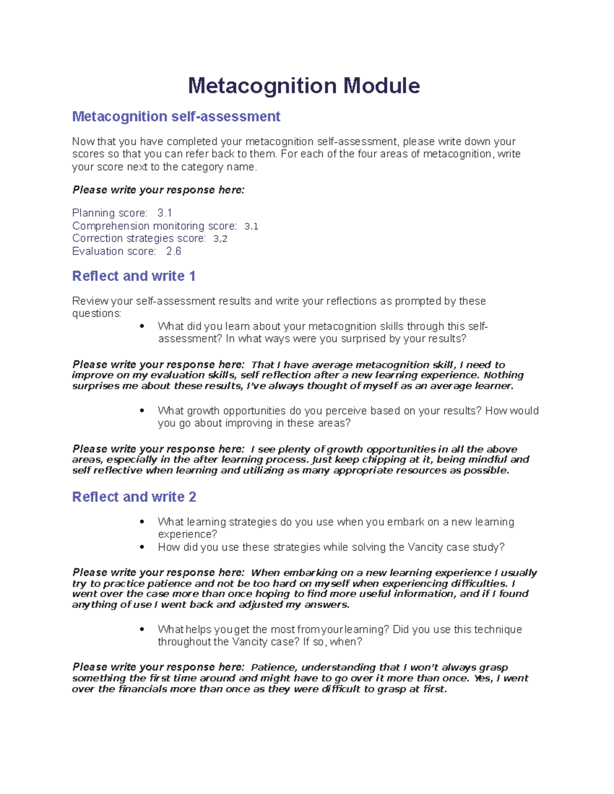 Metacognition Workbook - Metacognition Module Metacognition self ...