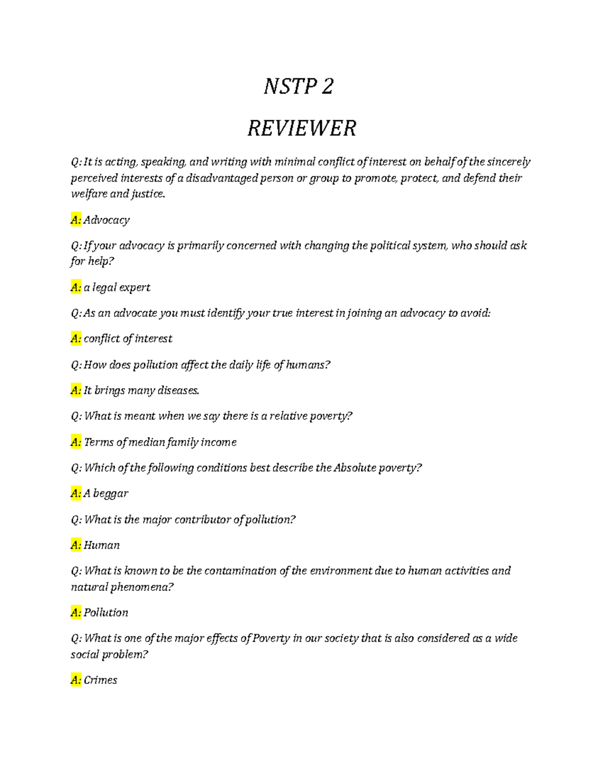 NSTP 2 - NSTP 2 reviewer - NSTP 2 REVIEWER Q: It is acting, speaking ...